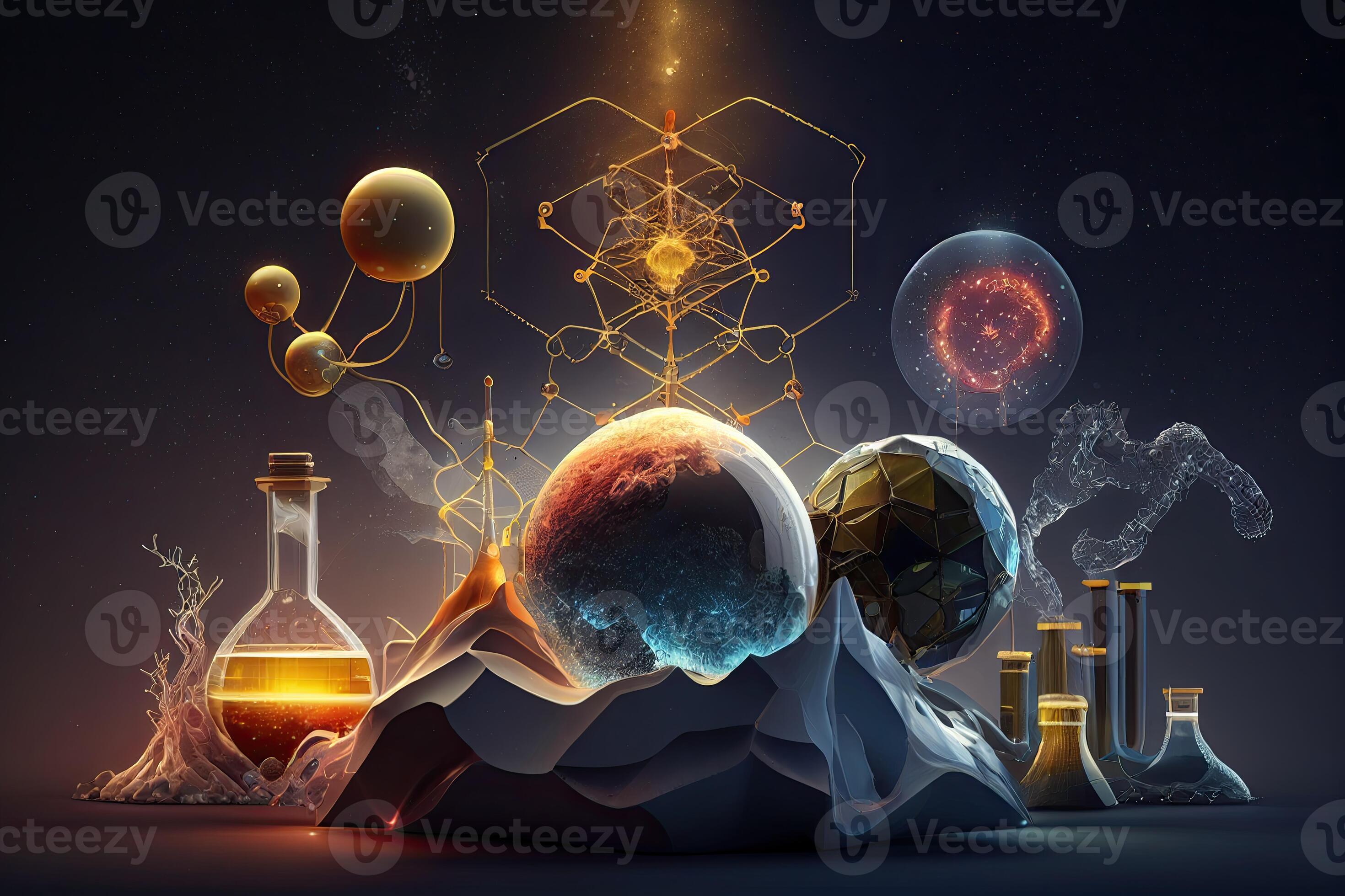 Science background illustration, scientific design. Flasks, glass and ...