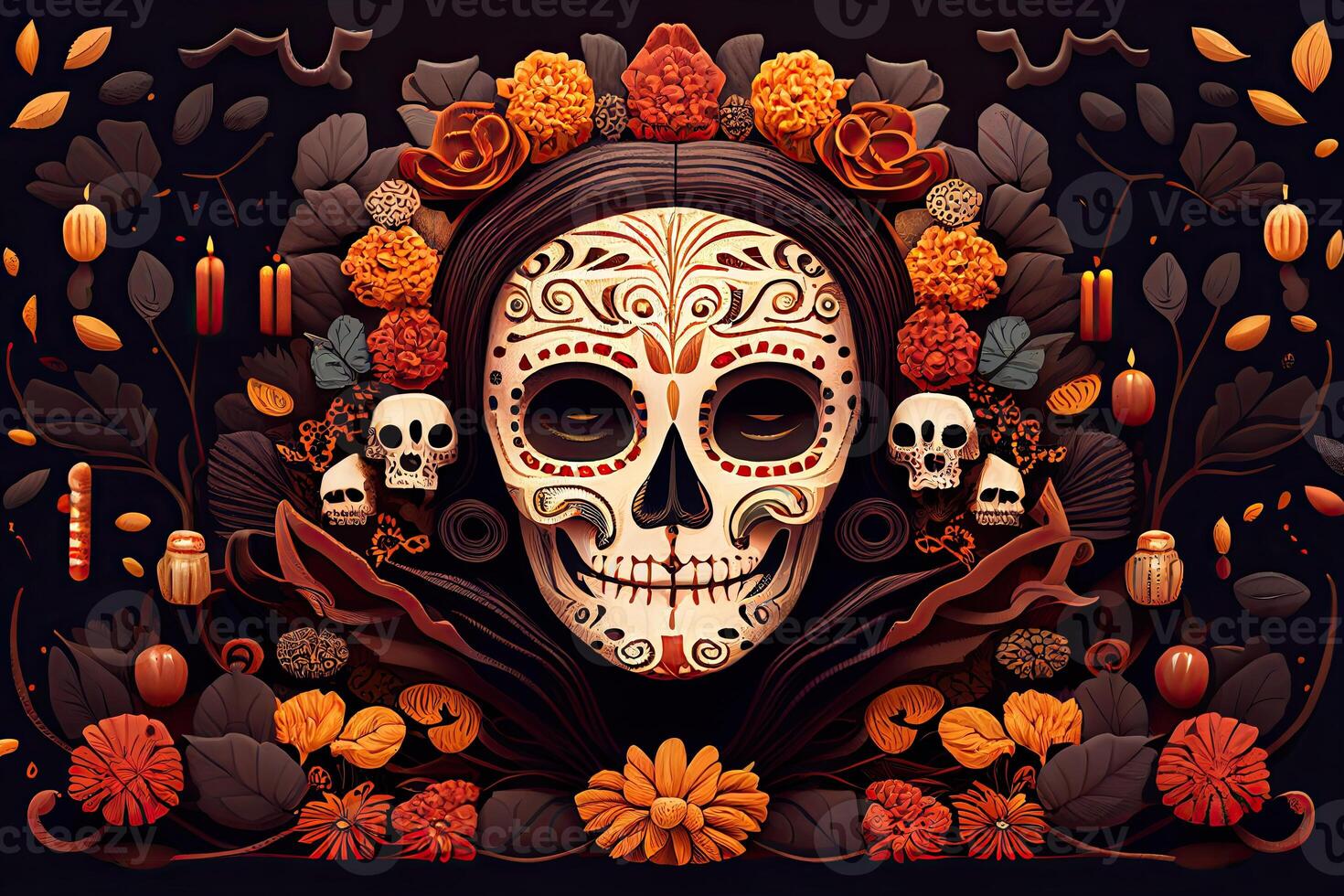 Dia De Los Muertos Background Day Of The Dead Art Decoration Bones Skull Flower Ornament