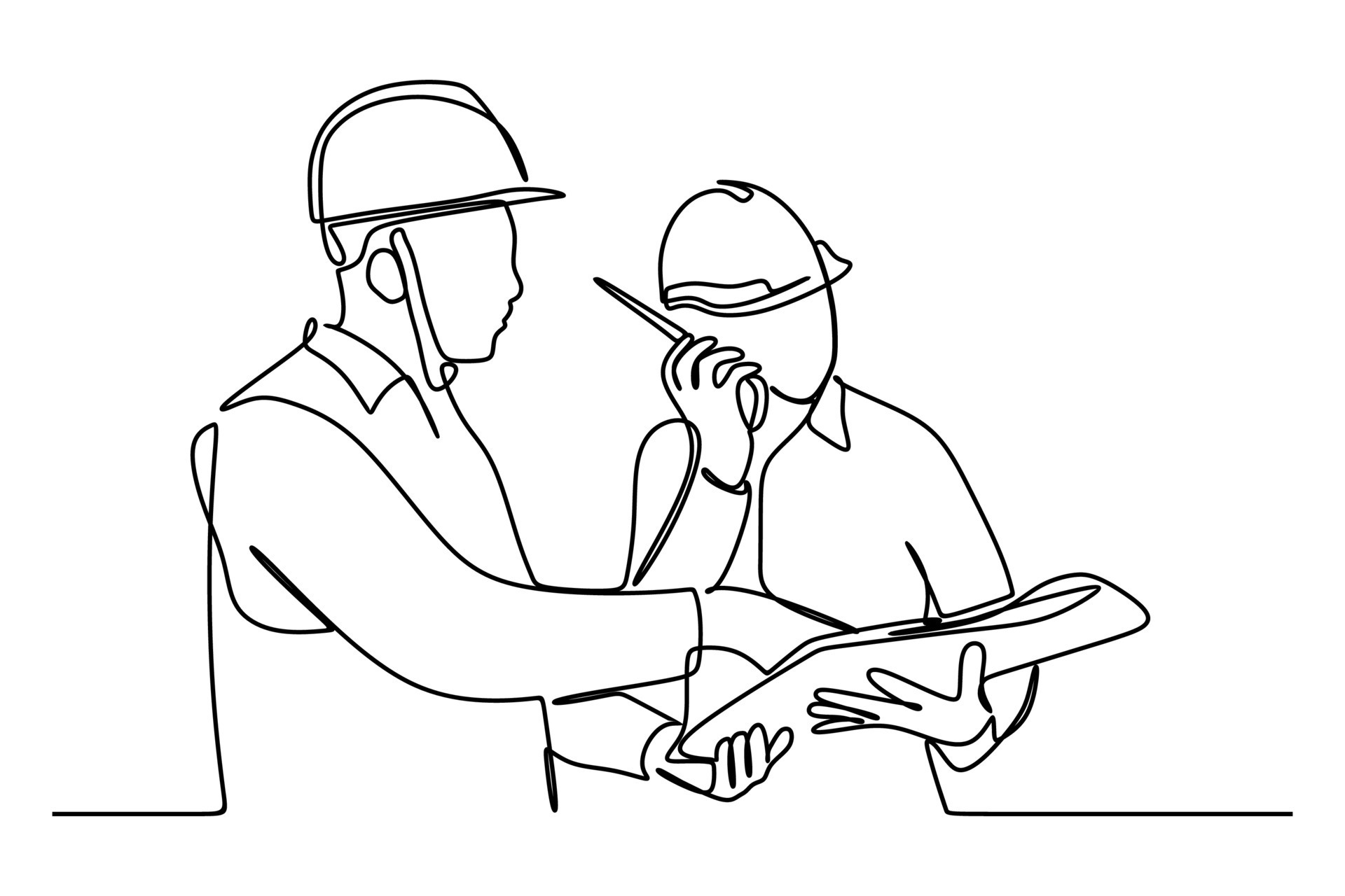 continuous line drawing of construction workers discuss the building ... continuous line drawing of construction workers discuss the building ...