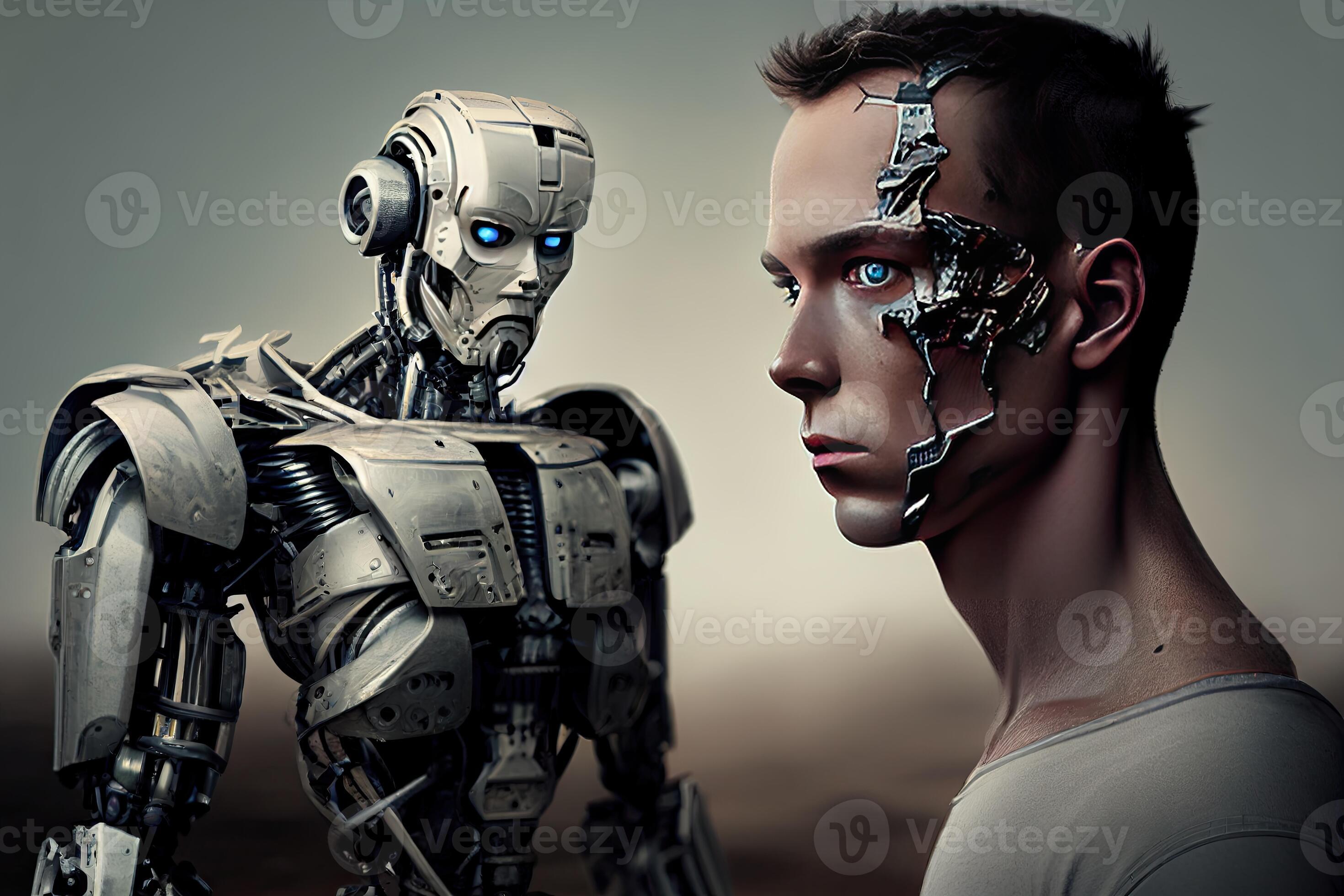 Person and robot portrait, man and android, illustration of technology ...