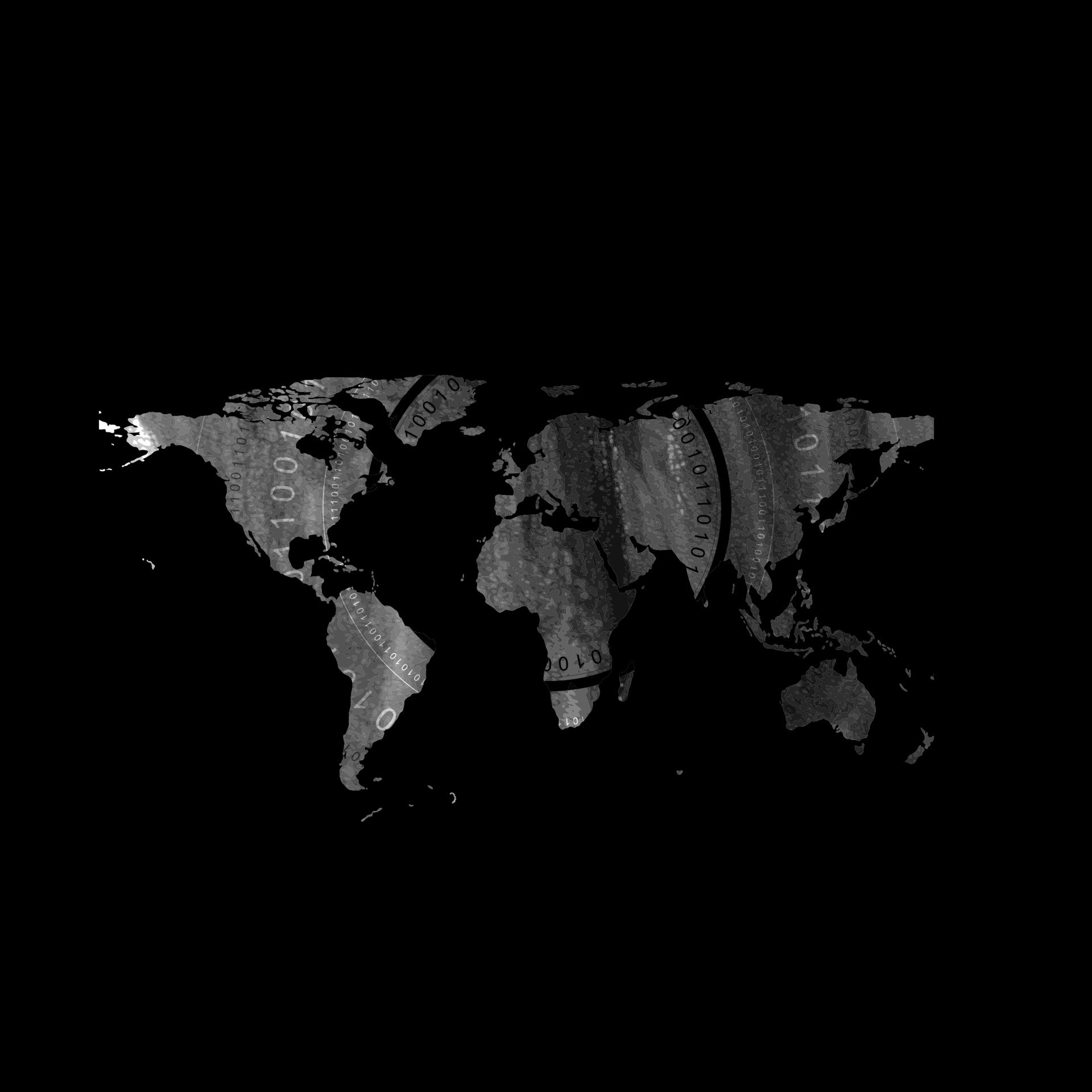 Dark grunge world map with round binary code elements abstract ...