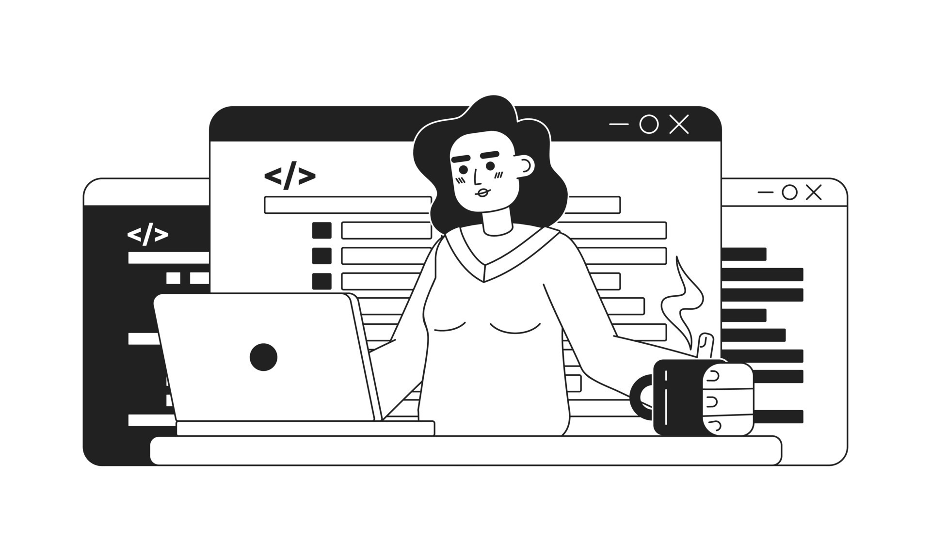 Writing Code Job Black And White Concept Vector Spot Illustration Editable 2d Flat Monochrome