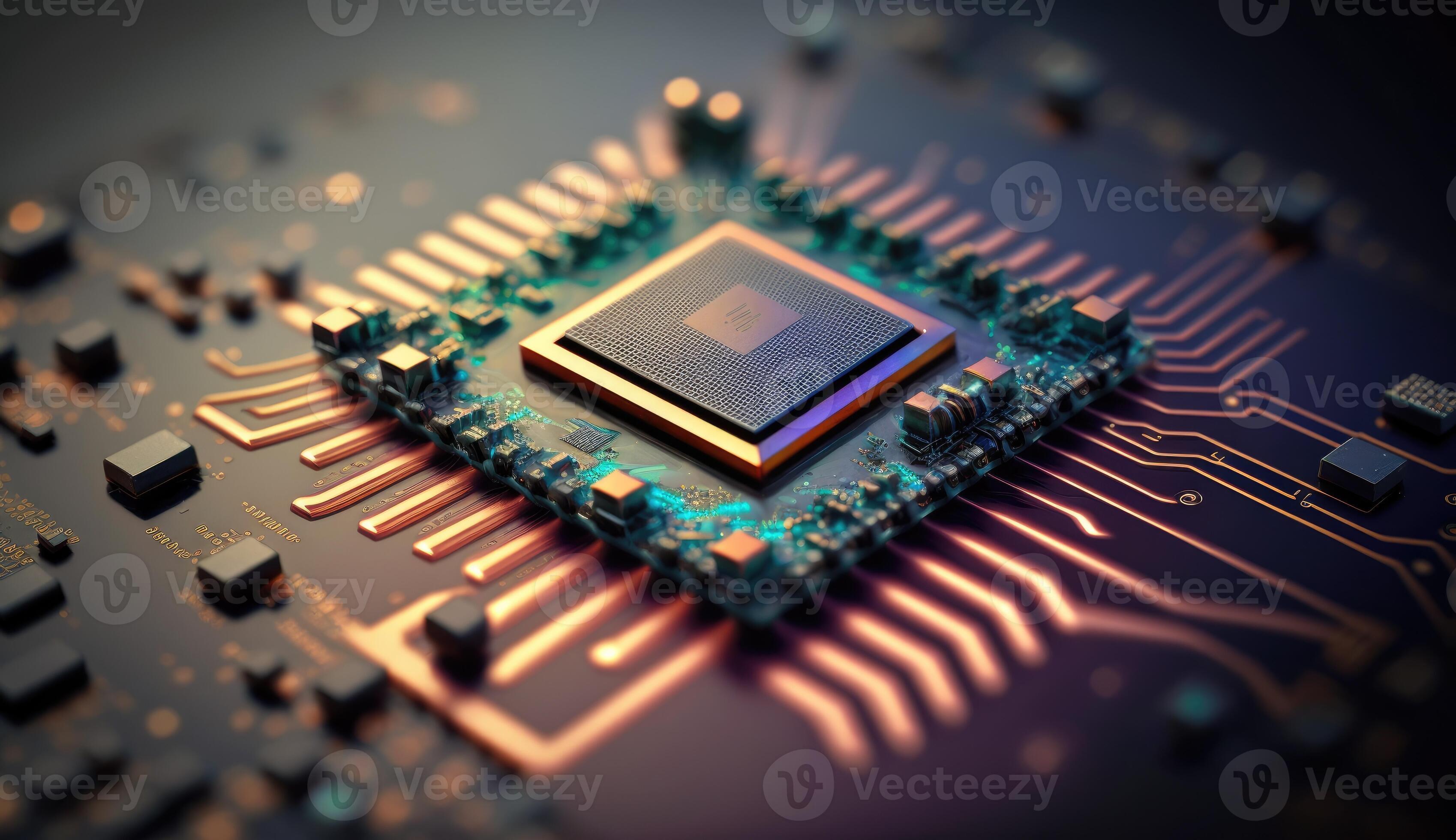 Microchip, surface zoom in computer chip technology, neon light lines, IT, macro photography ...