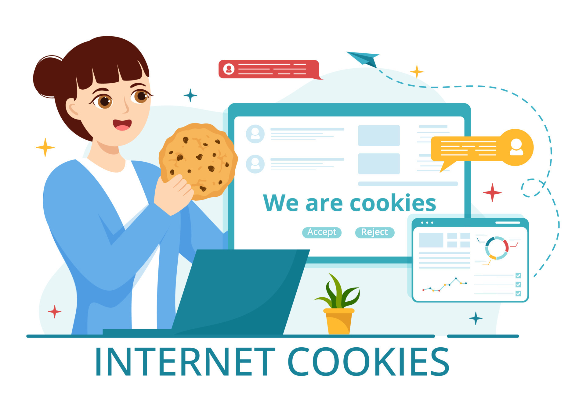 Internet Cookies Technology Illustration with Track Cookie Record of Browsing a Website in Flat ...