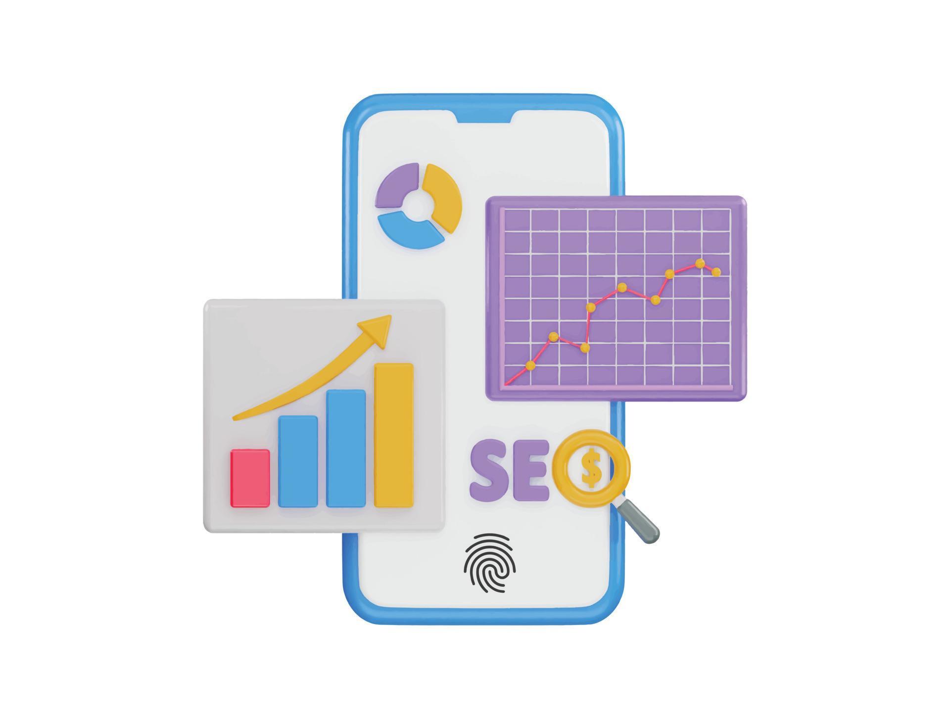 phone screen that has a chart and graph with seo optimization icon 3d rendering vector ...