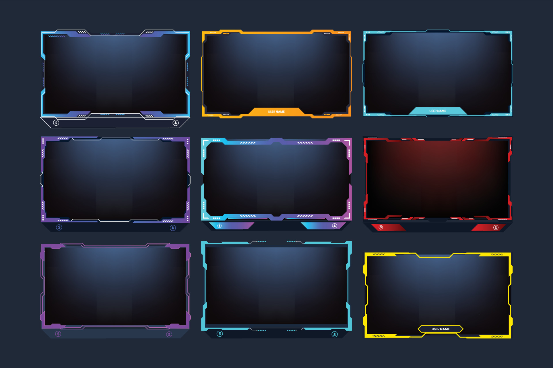 Live Broadcasting Screen Panel Set Vector With Abstract Shapes Online Gaming Overlay And Screen