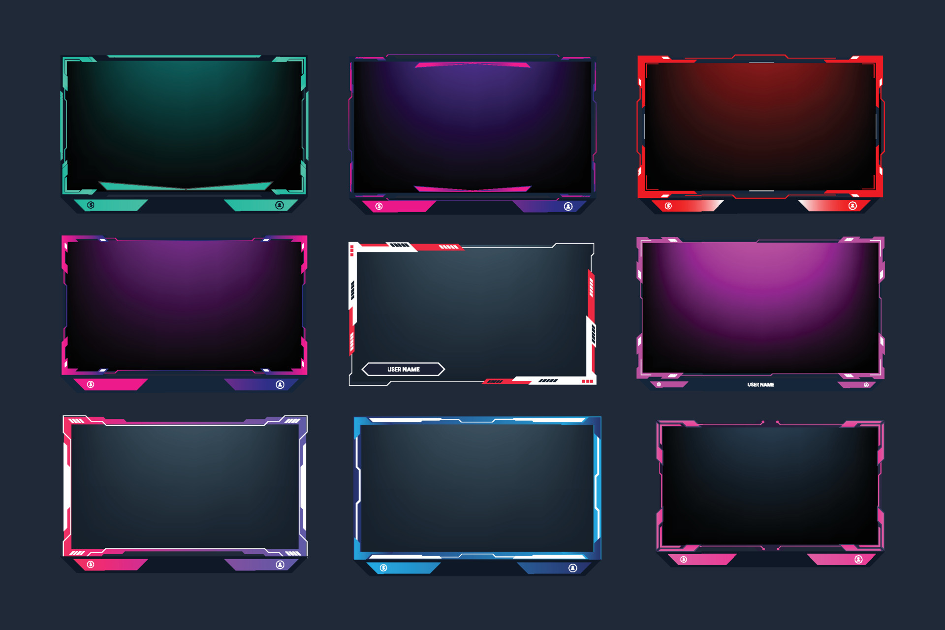 Streaming overlay vector collection on a dark background. Gaming screen ...