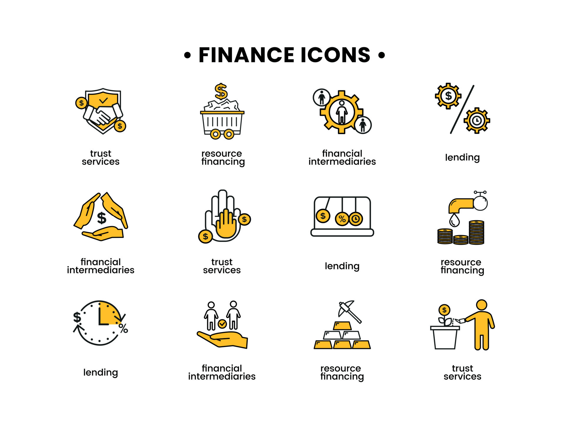 Finance icons set. Vector illustration of financial intermediary icons ...