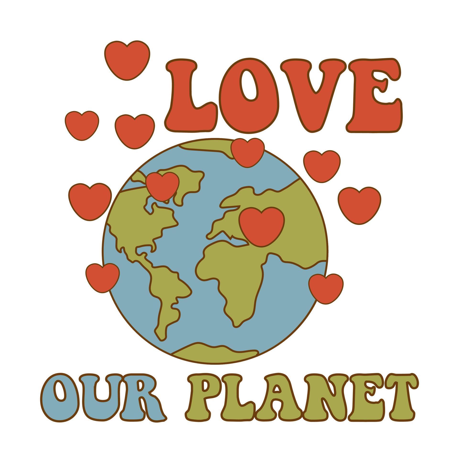 Retro Earth globe cartoon character and Love Our Planet inscription ...