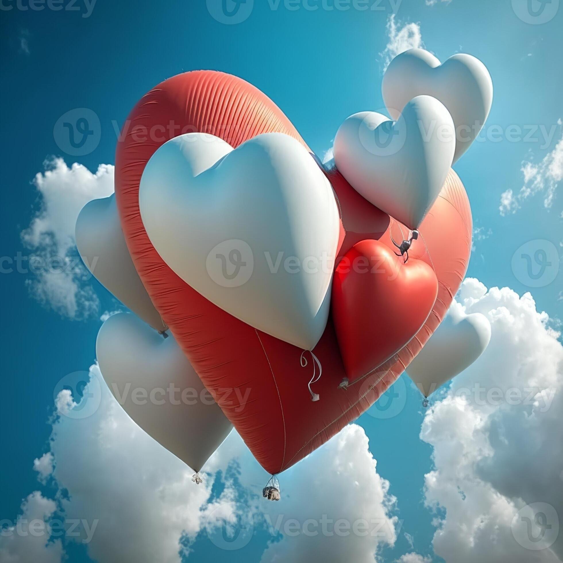 A bunch of colorful heart-shaped balloons in the sky with clouds, Valentine's Day. 22055547 ...