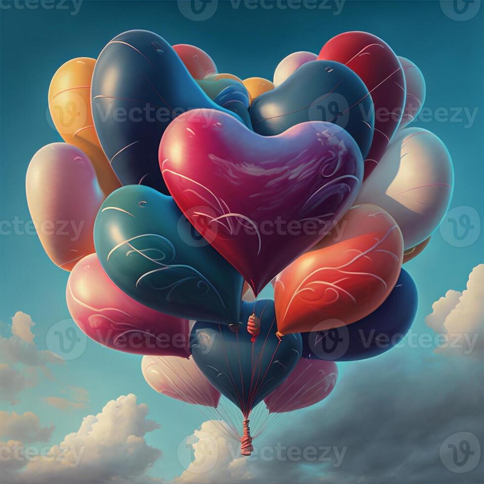 A bunch of colorful heart-shaped balloons in the sky with clouds ...