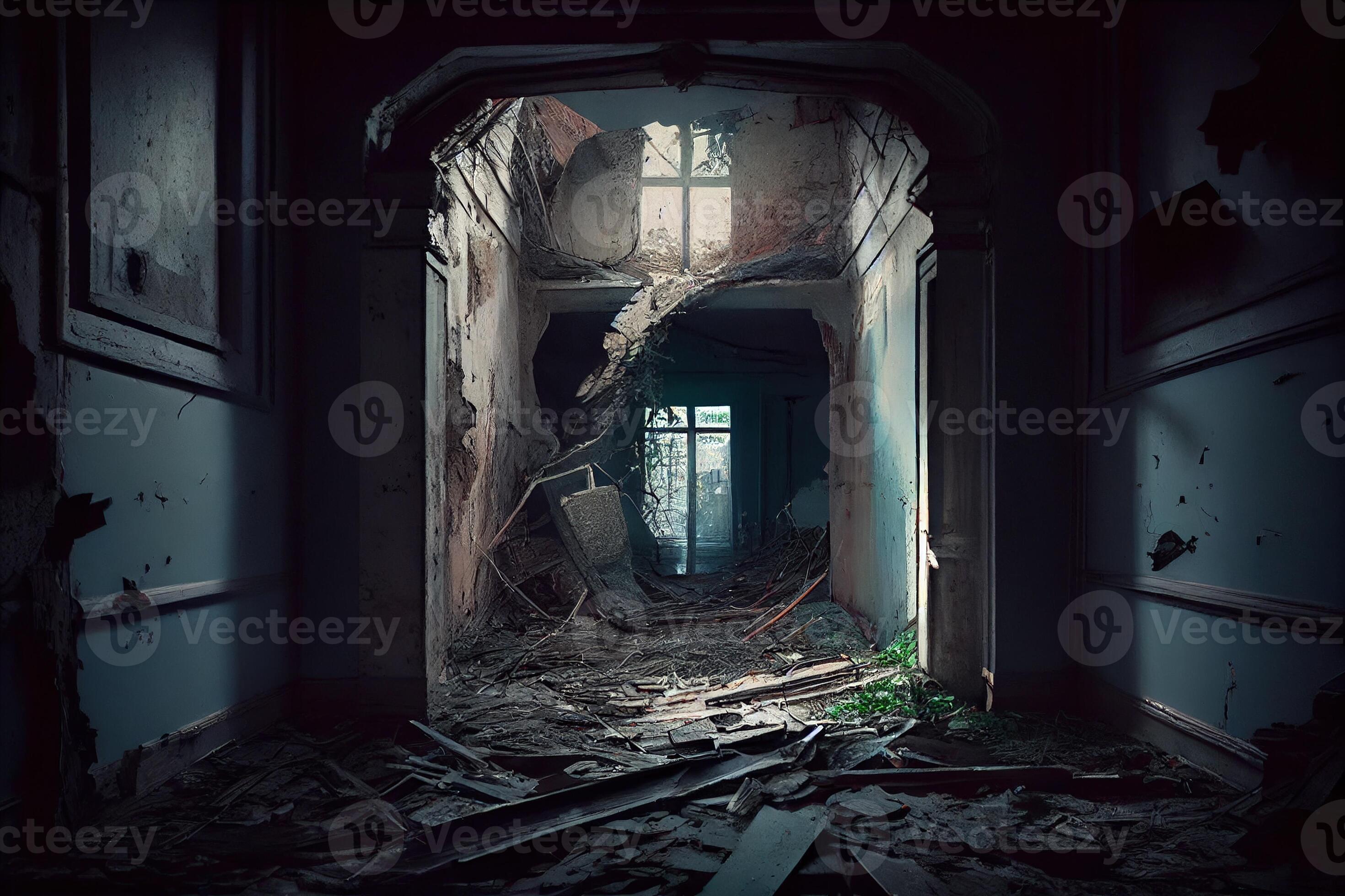 The abandoned haunted house's dark hallway filled with debris ...
