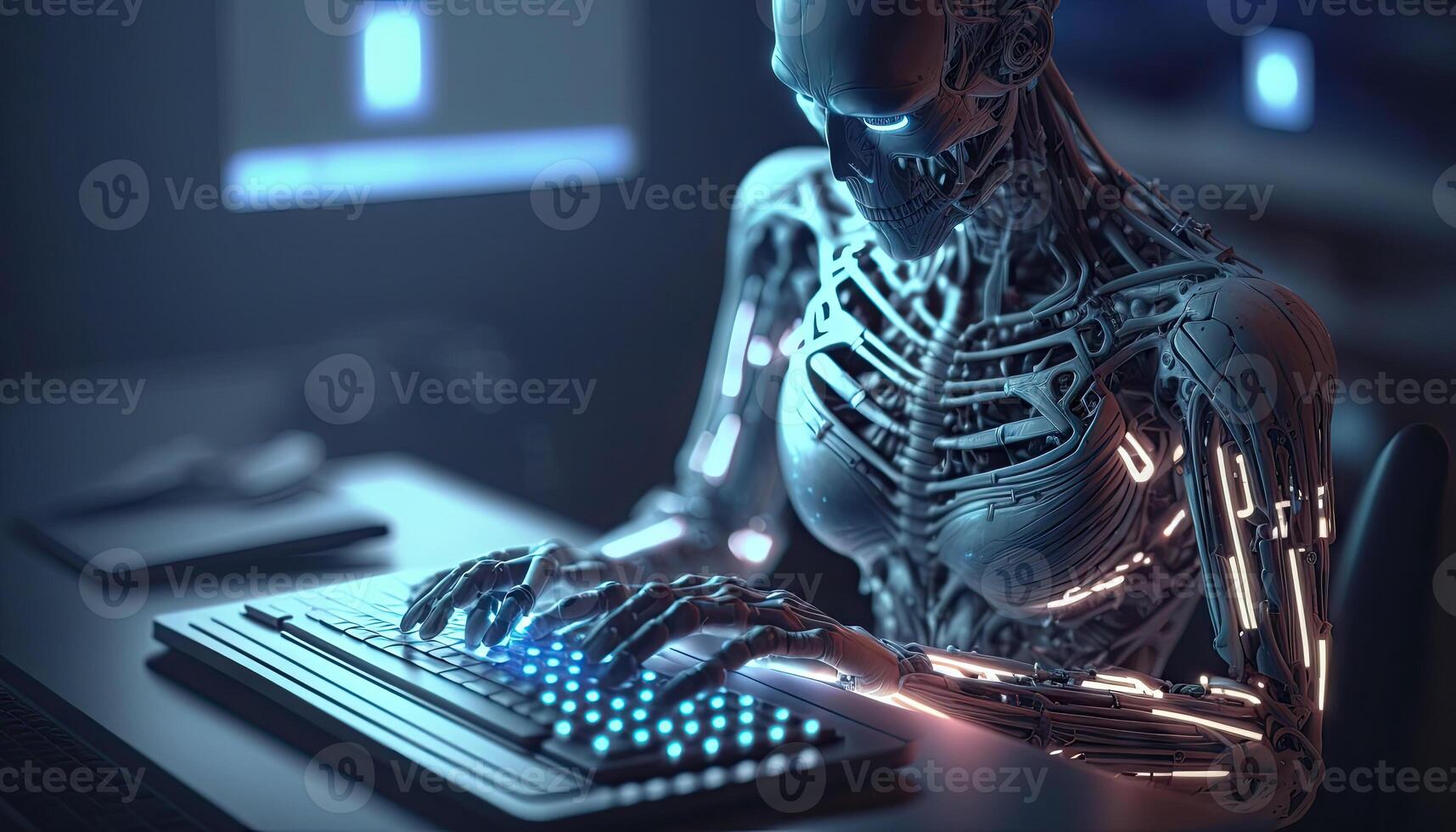 Artificial intelligence, cyborg using computer and typing keyboard, Technology in future ...
