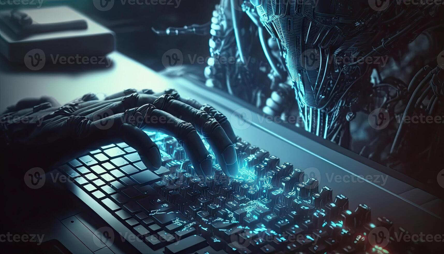 Futuristic Cyber Hand Using Laptop And Typing Keyboard Technology In Future Writing