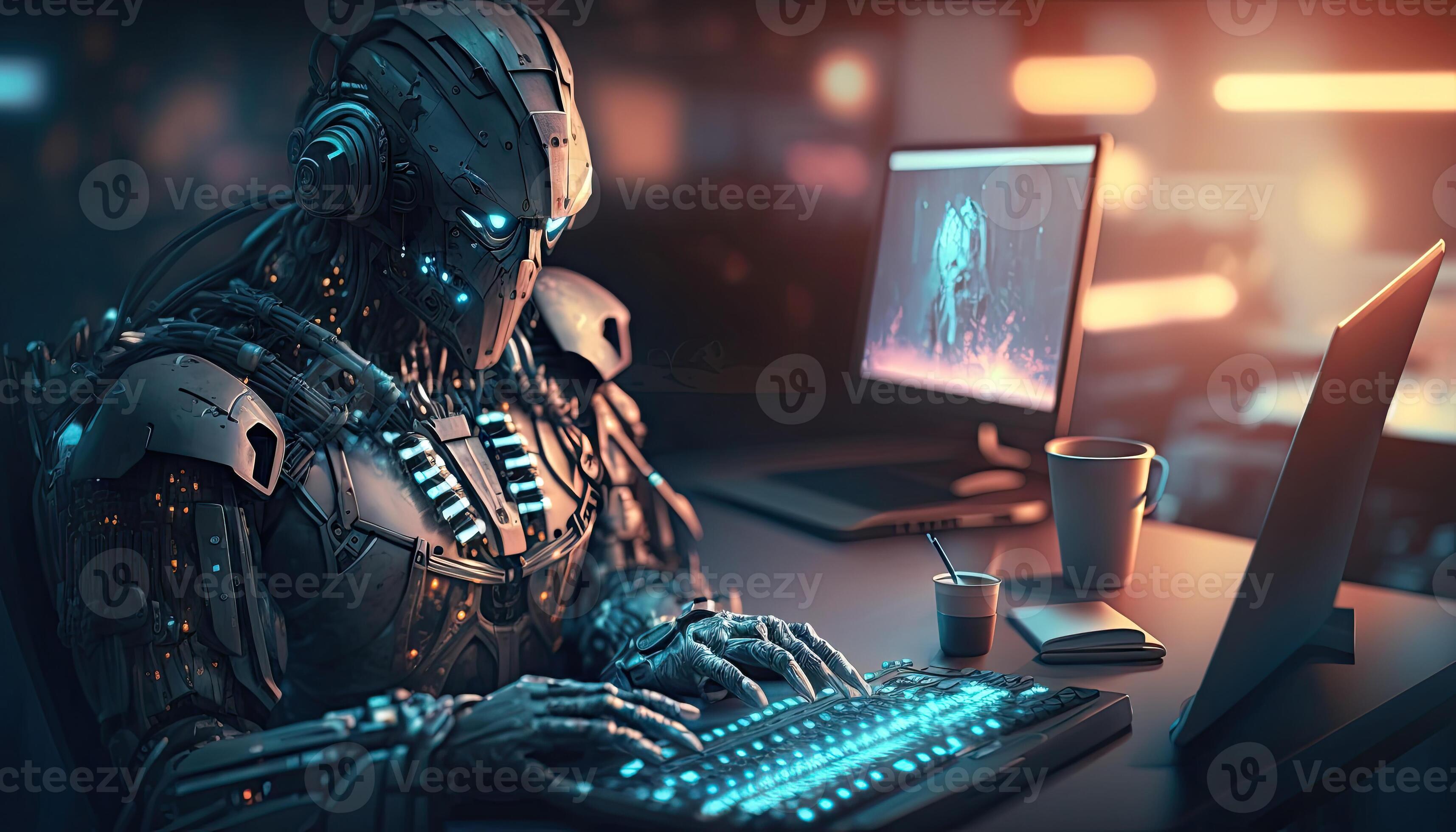 Artificial intelligence, cyborg using computer and typing keyboard, Technology in future ...