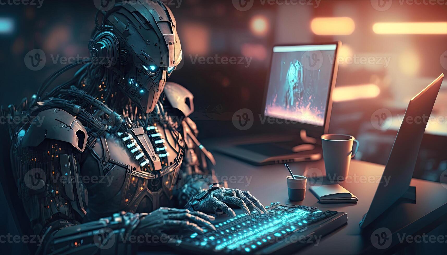 Artificial intelligence, cyborg using computer and typing keyboard ...