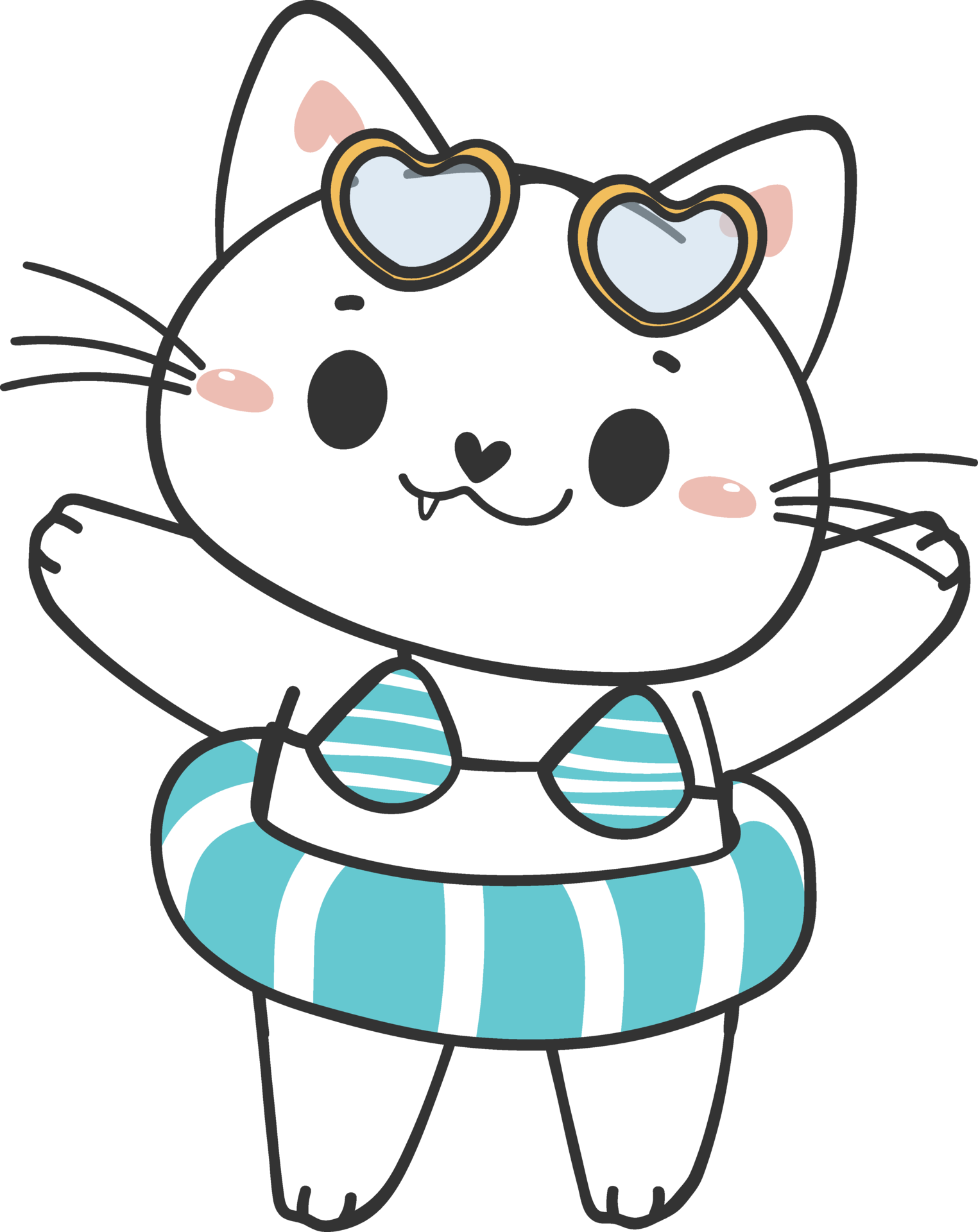 Cute Summer Funny Playful Kitten Cat In Sexy Bikini Swimsuit Cartoon Doodle Hand Drawing