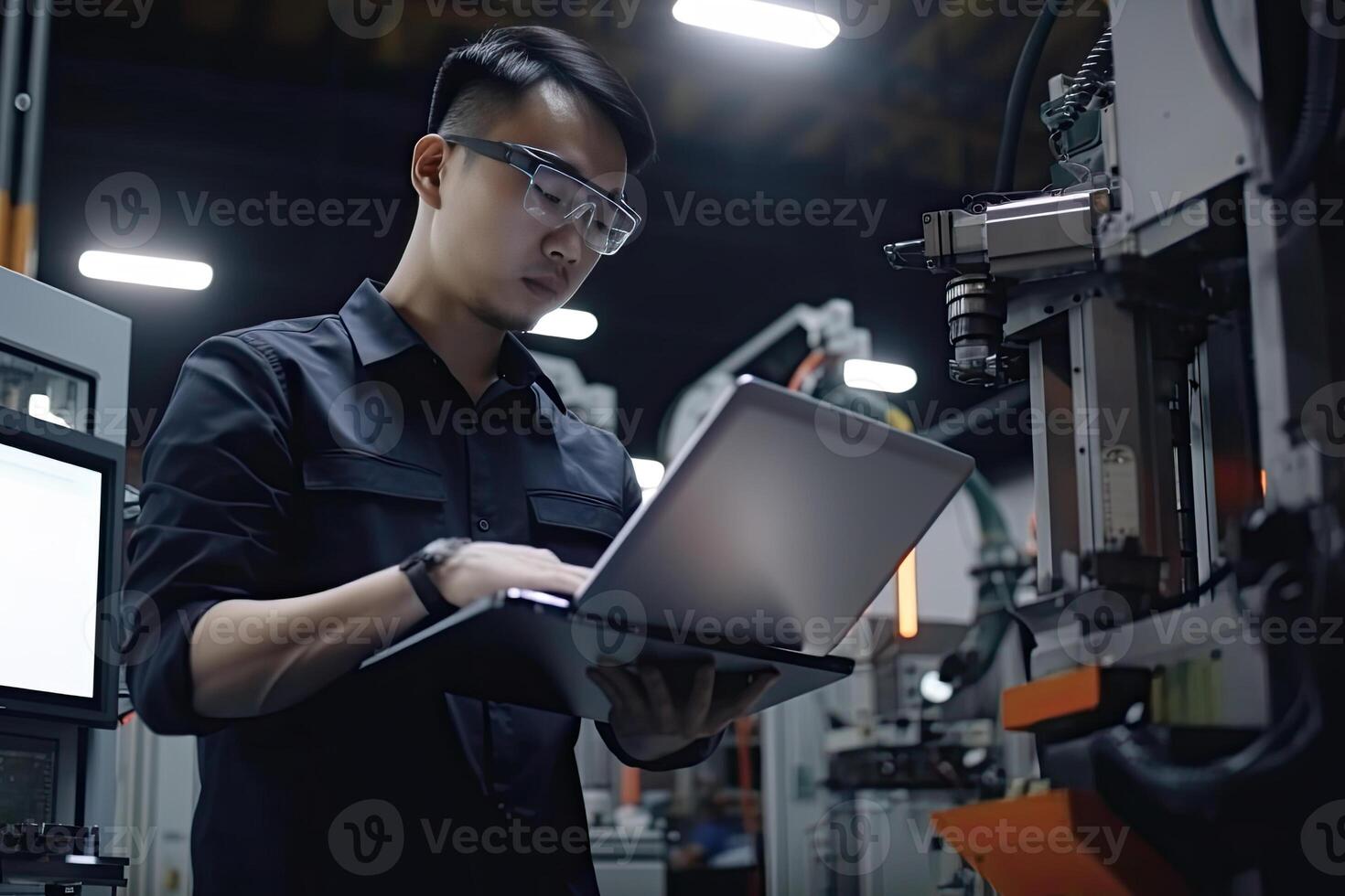 Engineer with tablet computer at factory workplace. Industrial worker controls operation of ...