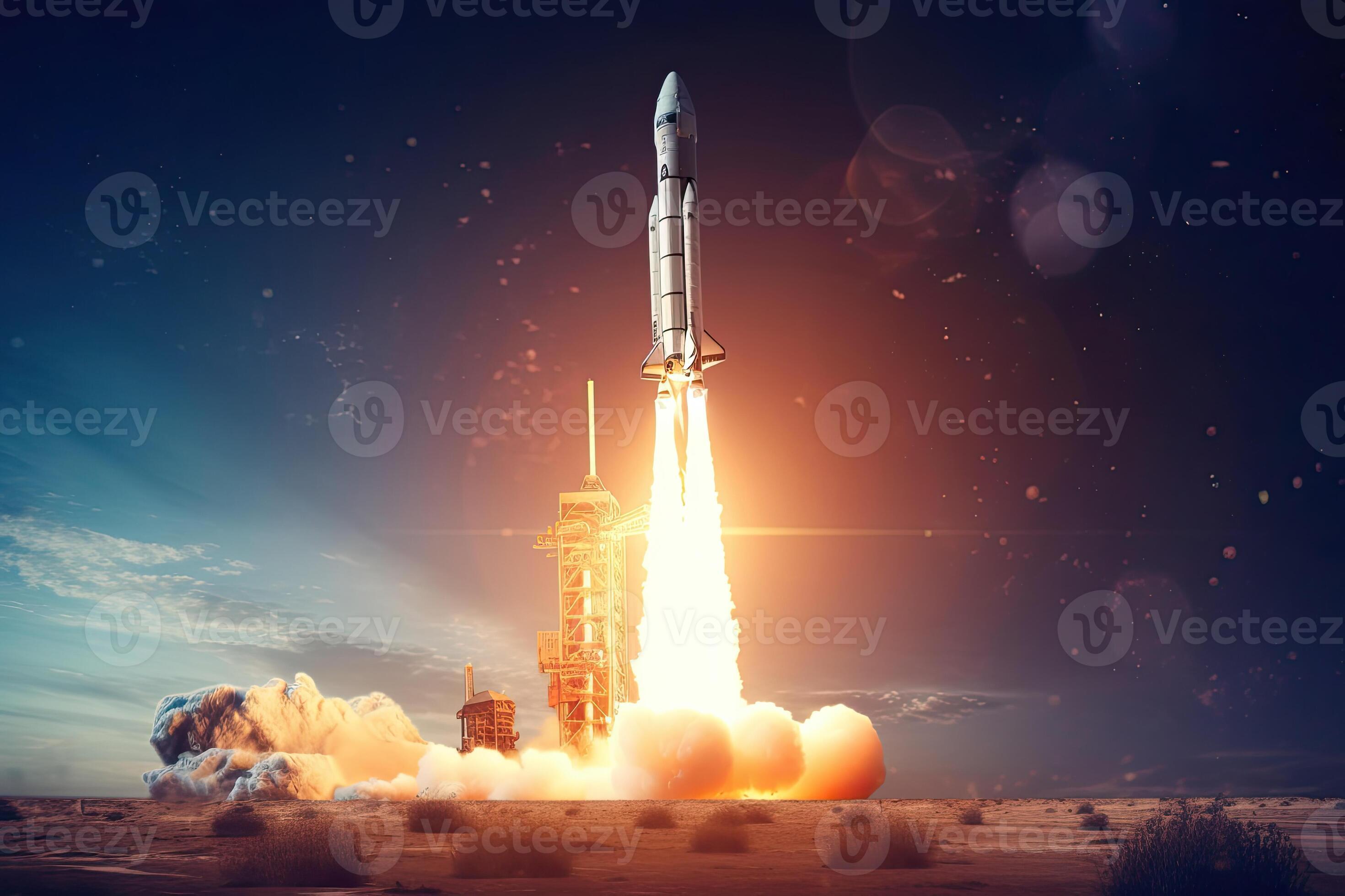 Rocket Launch From Cosmodrome Fight Of Space Rocket In Blue Sky Space