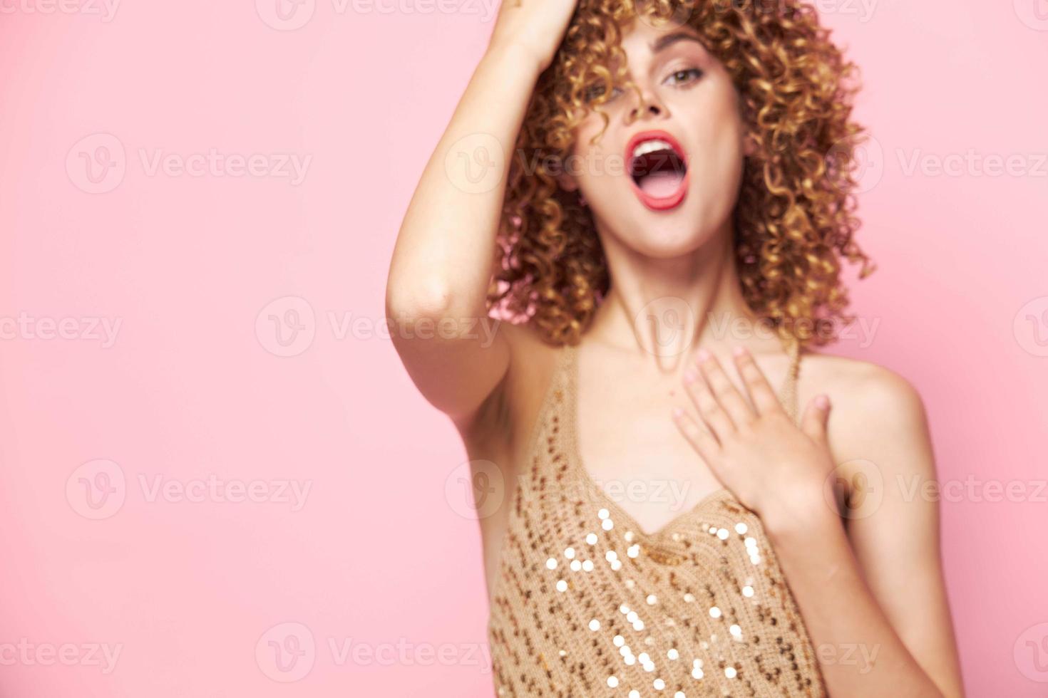Sexy Model Sequin Dress With Wide Open Mouth Copy Space Curly Hair Background 22073082 Stock
