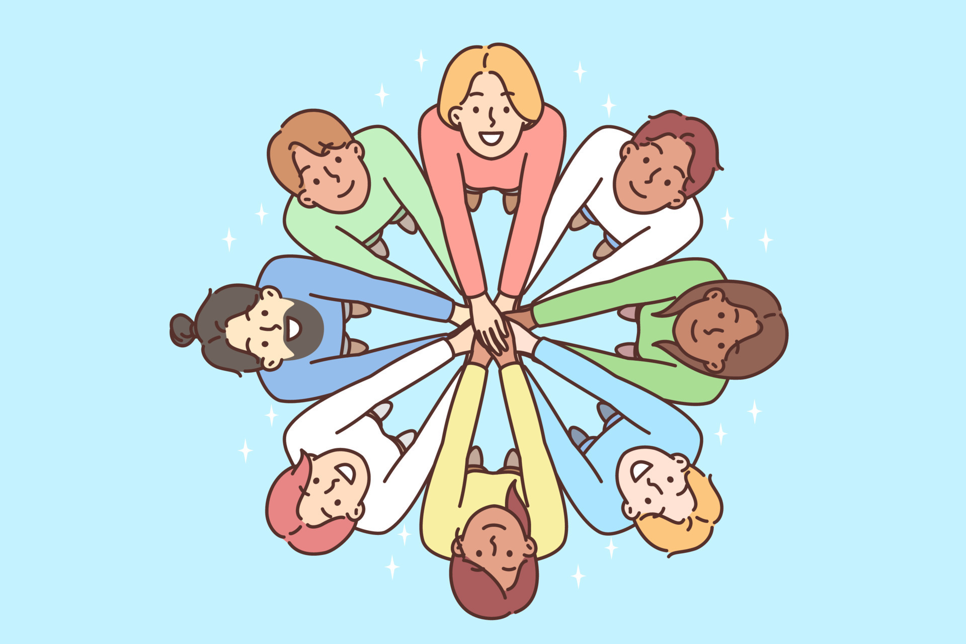 Multiracial people stand in circle with hands outstretched to ...