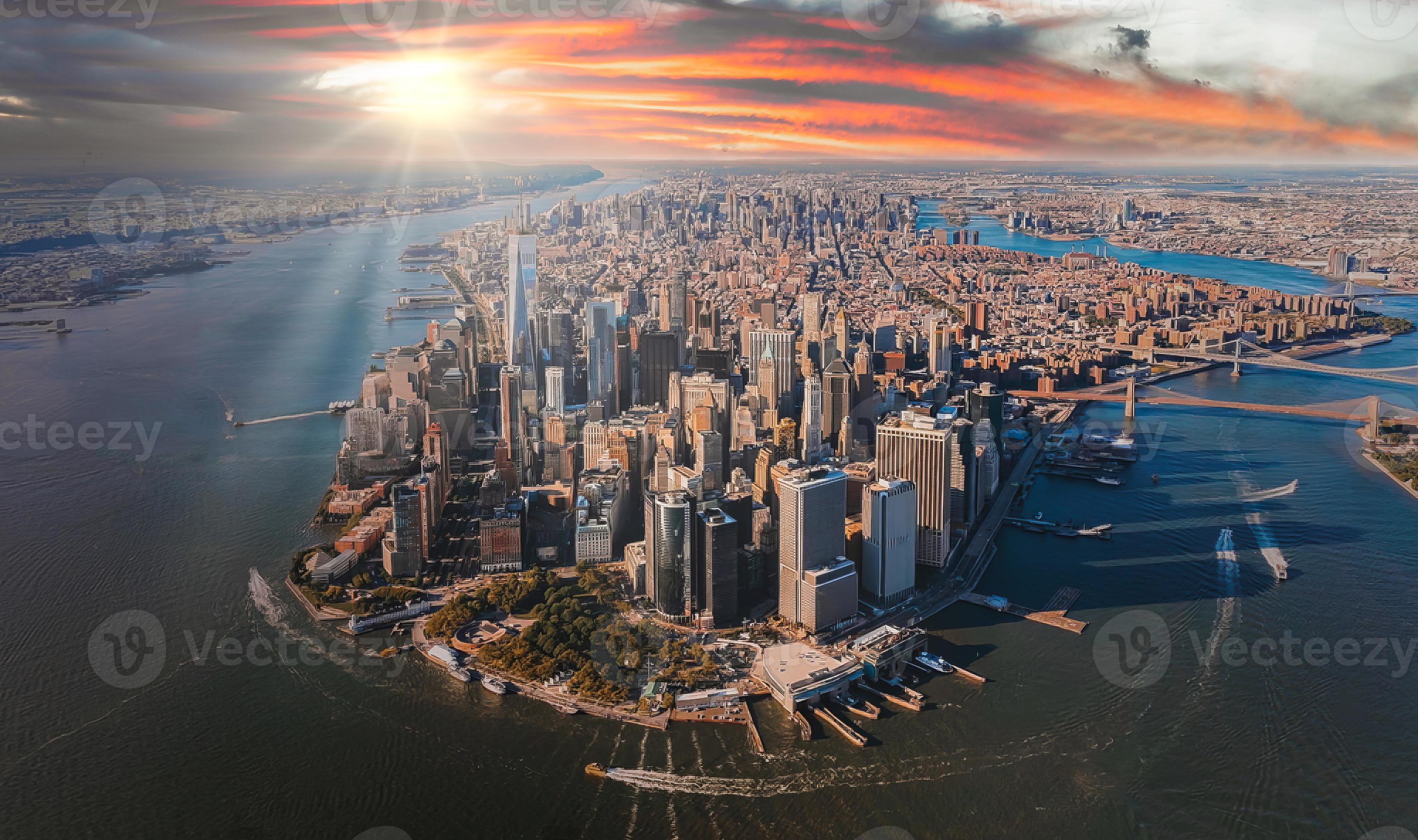 Beautiful sunset over Manhattan island in New York city. Aerial New ... Beautiful sunset over Manhattan island in New York city. Aerial New ...
