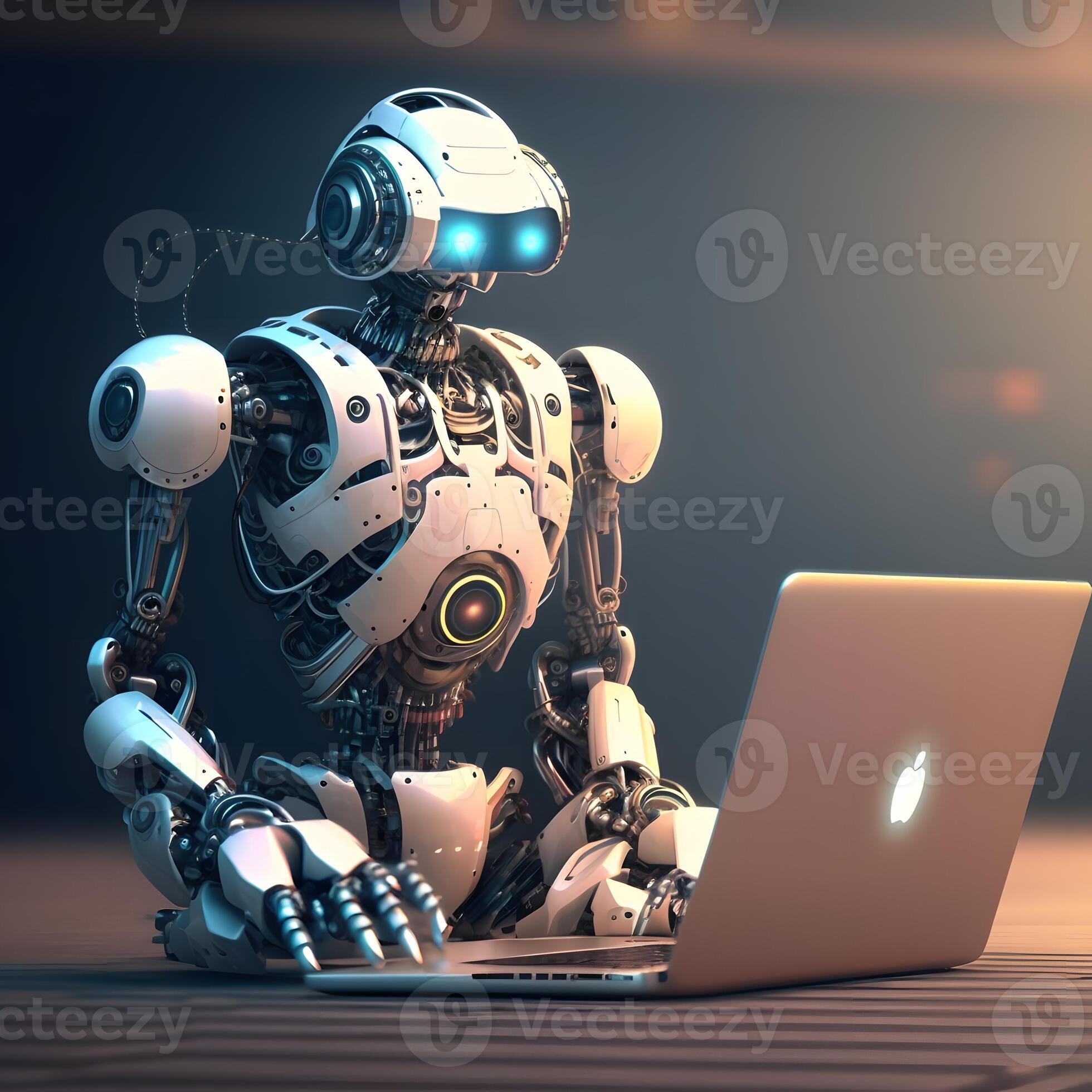 Robot in front of the laptop, robot controlling computer with ...