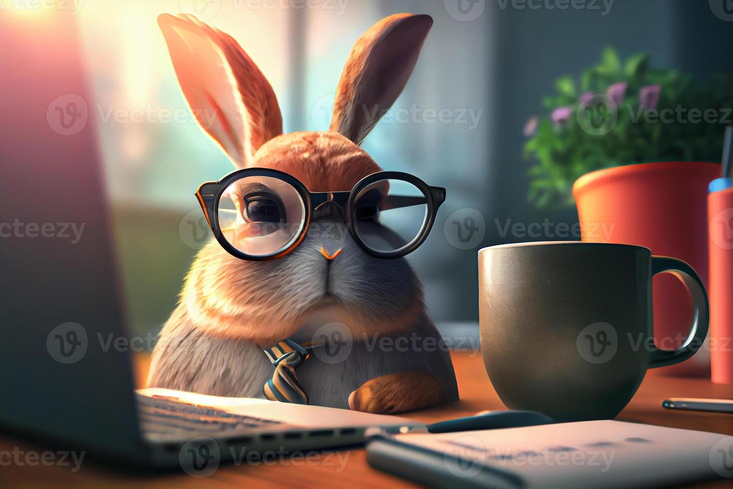 Rabbit In Glasses Office Worker At Workplace Coffee Break Illustration