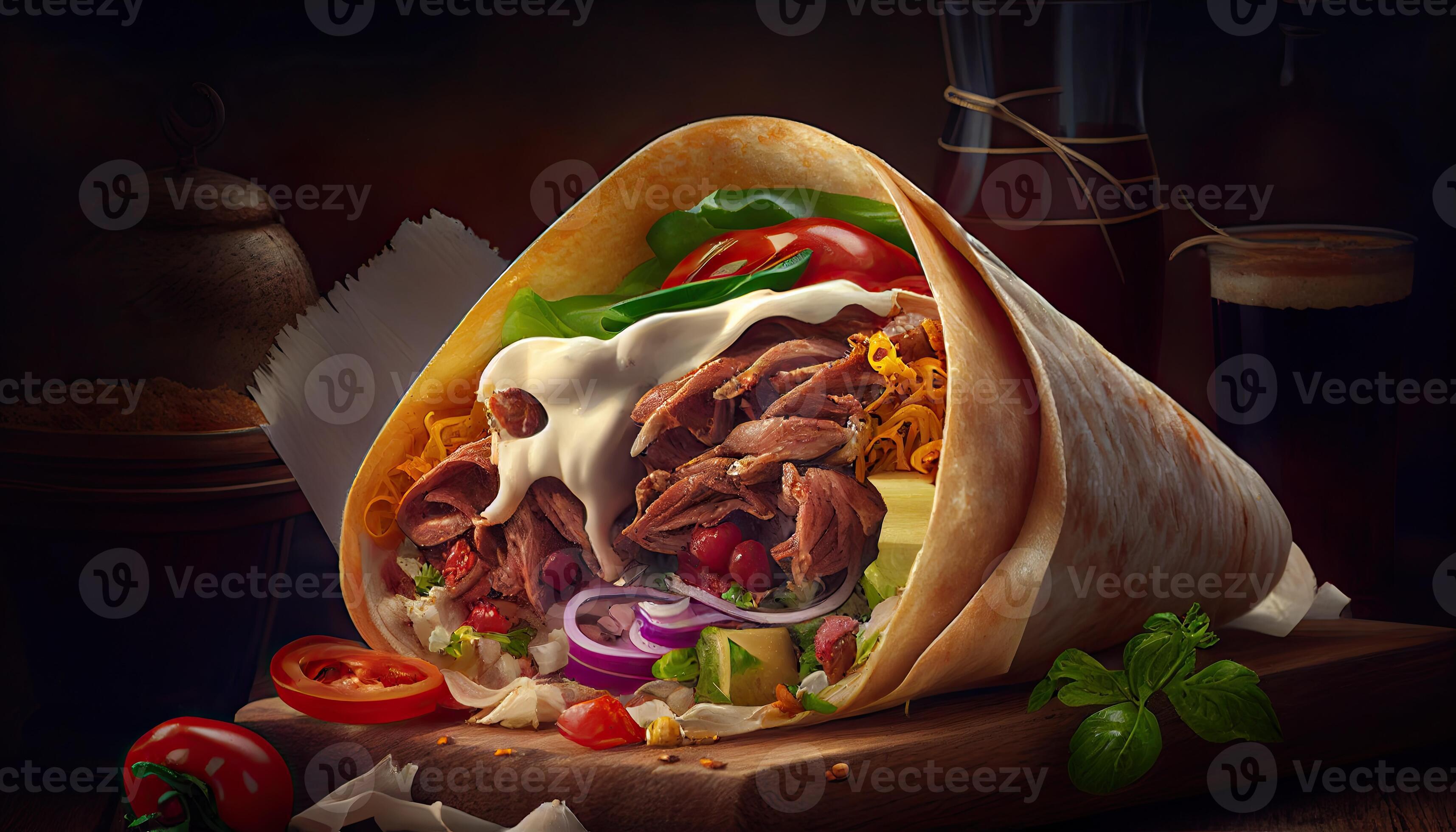 Tasty Doner Kebab Shawarma Roll Wrap Illustration Generative Ai Food