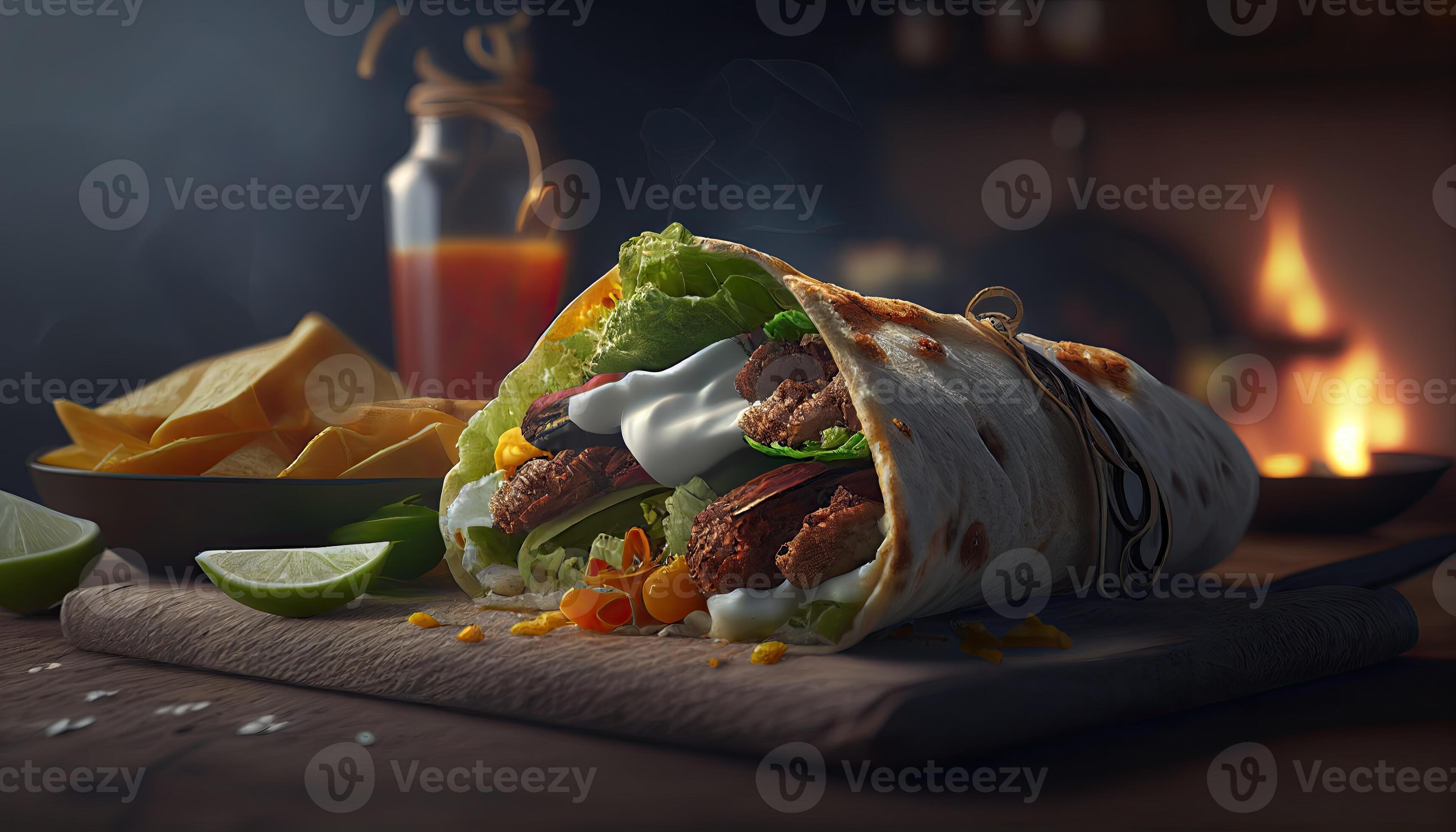 Tasty Doner Kebab Shawarma Roll Wrap Illustration Generative Ai Food