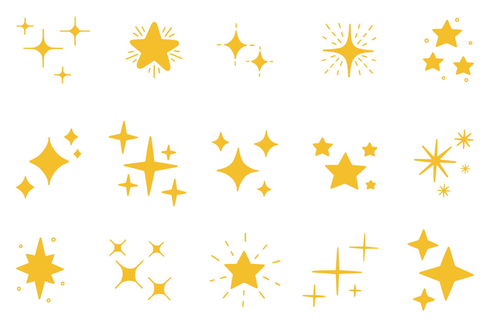 Hand drawn sparkles and Twinkling stars set. Glitter burst, shining star, falling star, firework ...