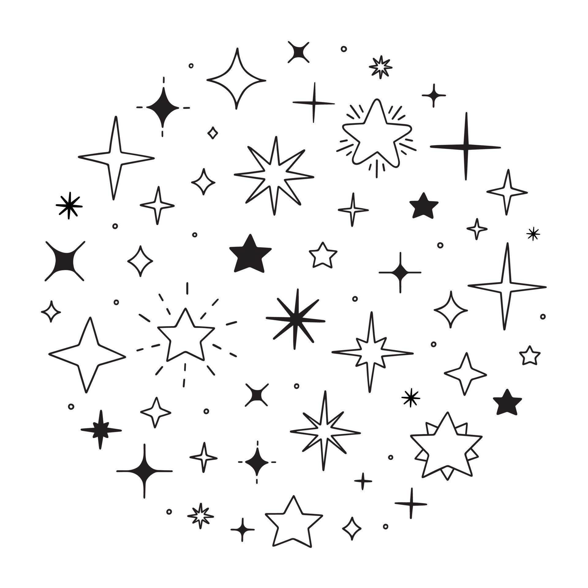 Sparkles and Twinkling stars doodle set. Glitter burst, shining star, falling star, firework ...