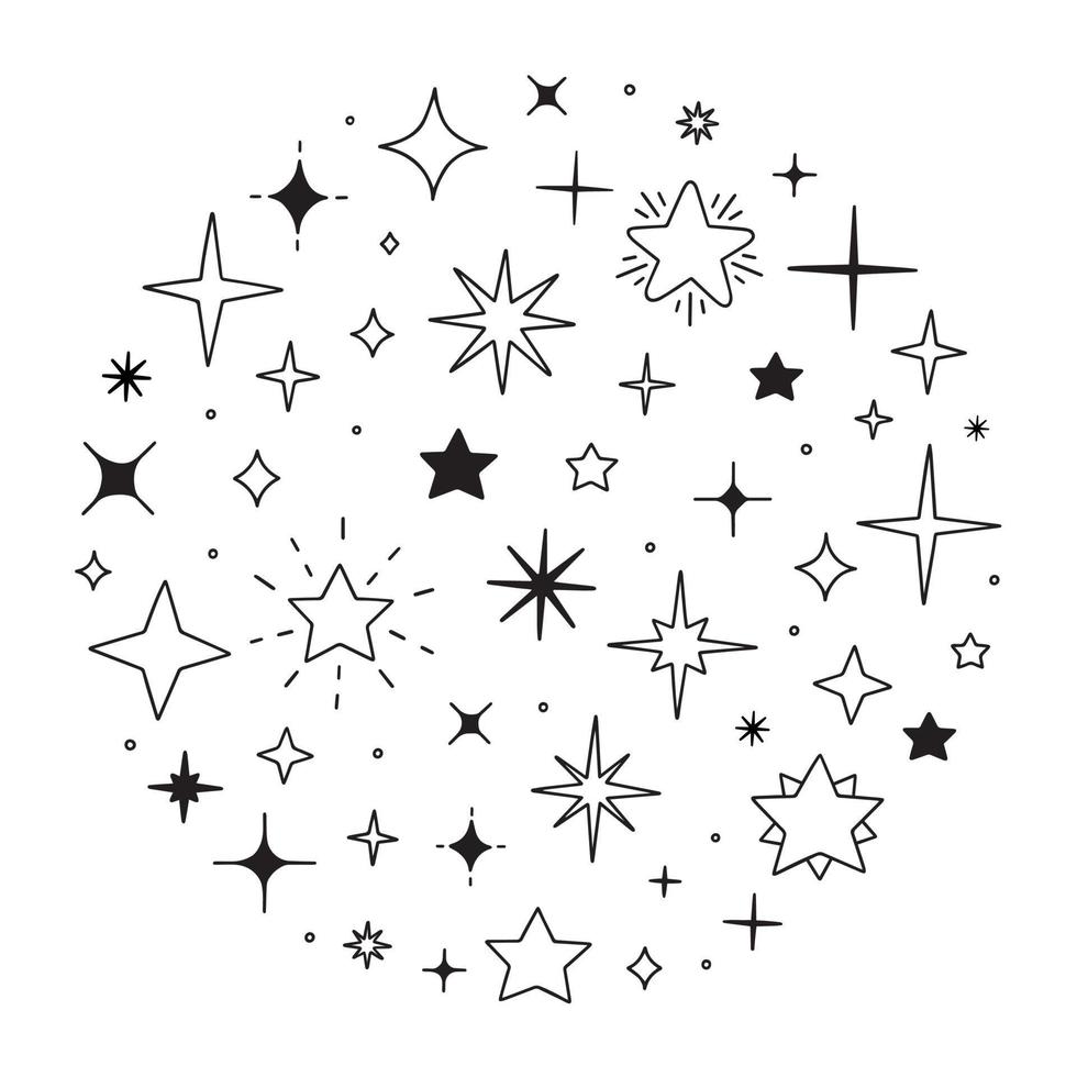 Sparkles and Twinkling stars doodle set. Glitter burst, shining star, falling star, firework ...