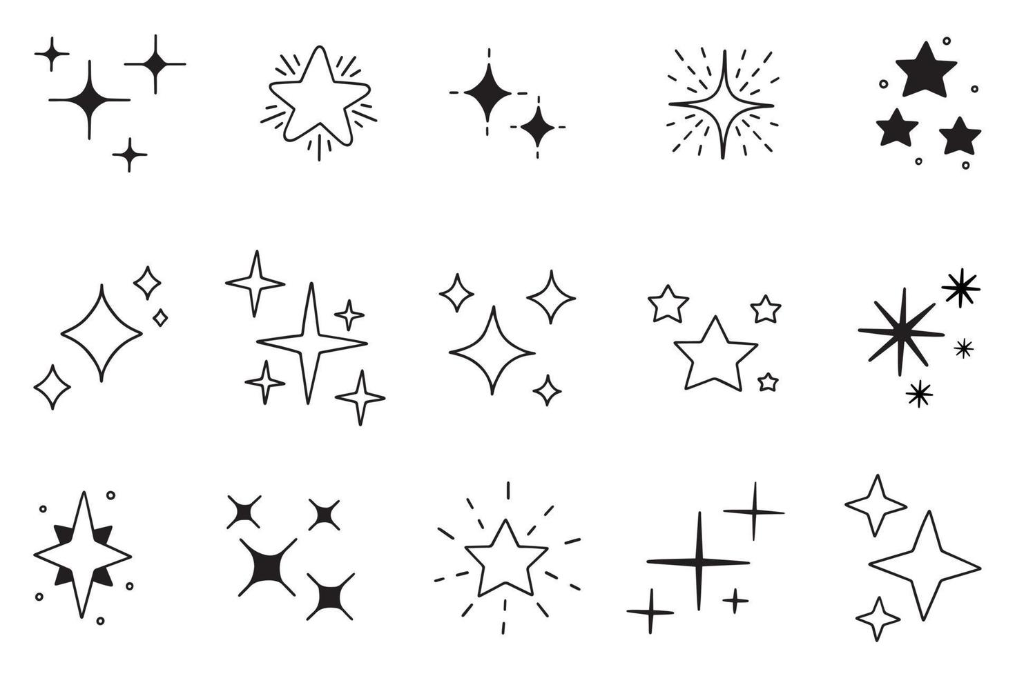 Sparkles and Twinkling stars doodle set. Glitter burst, shining star, falling star, firework ...
