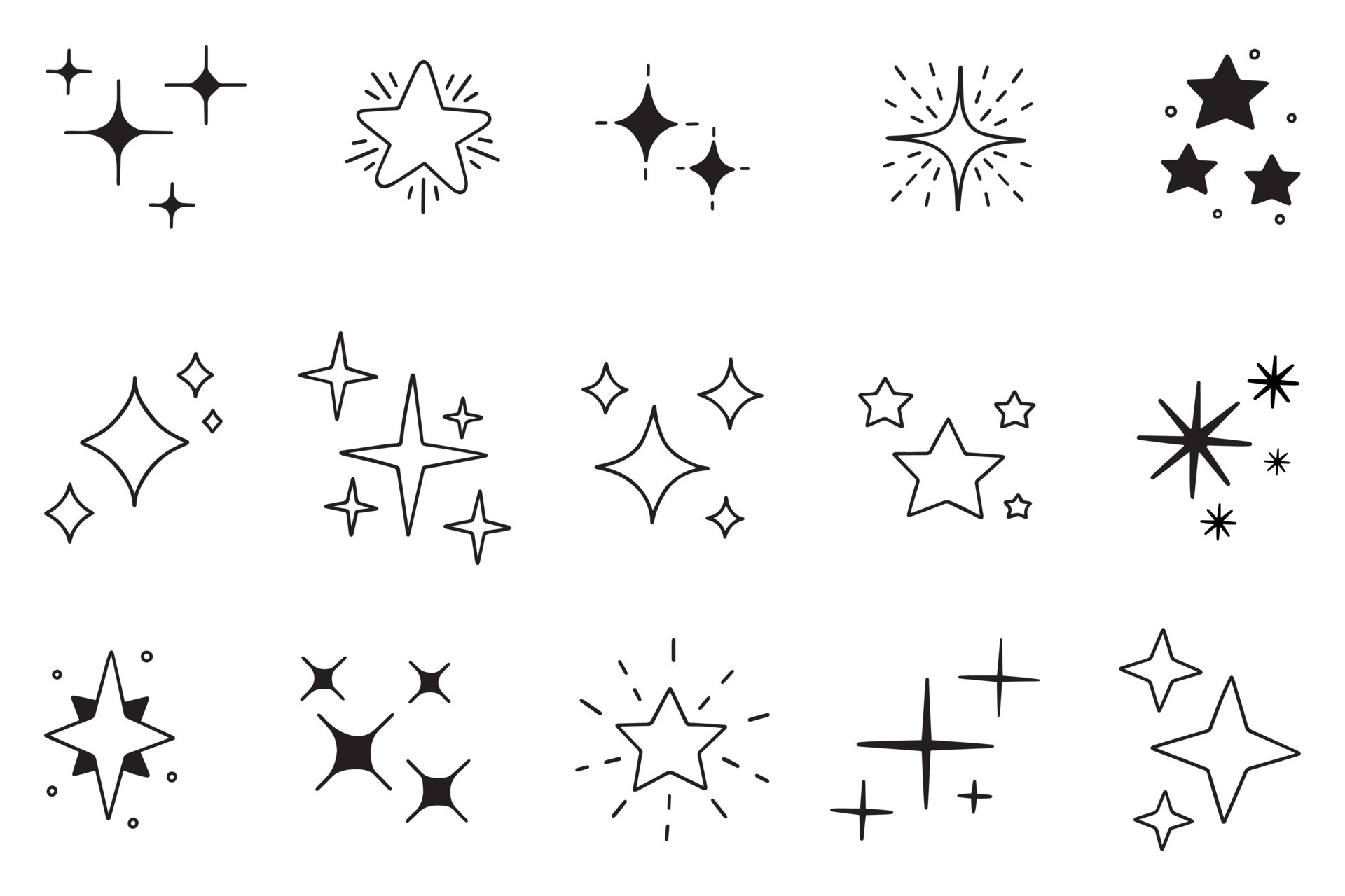 Sparkles and Twinkling stars doodle set. Glitter burst, shining star, falling star, firework ...