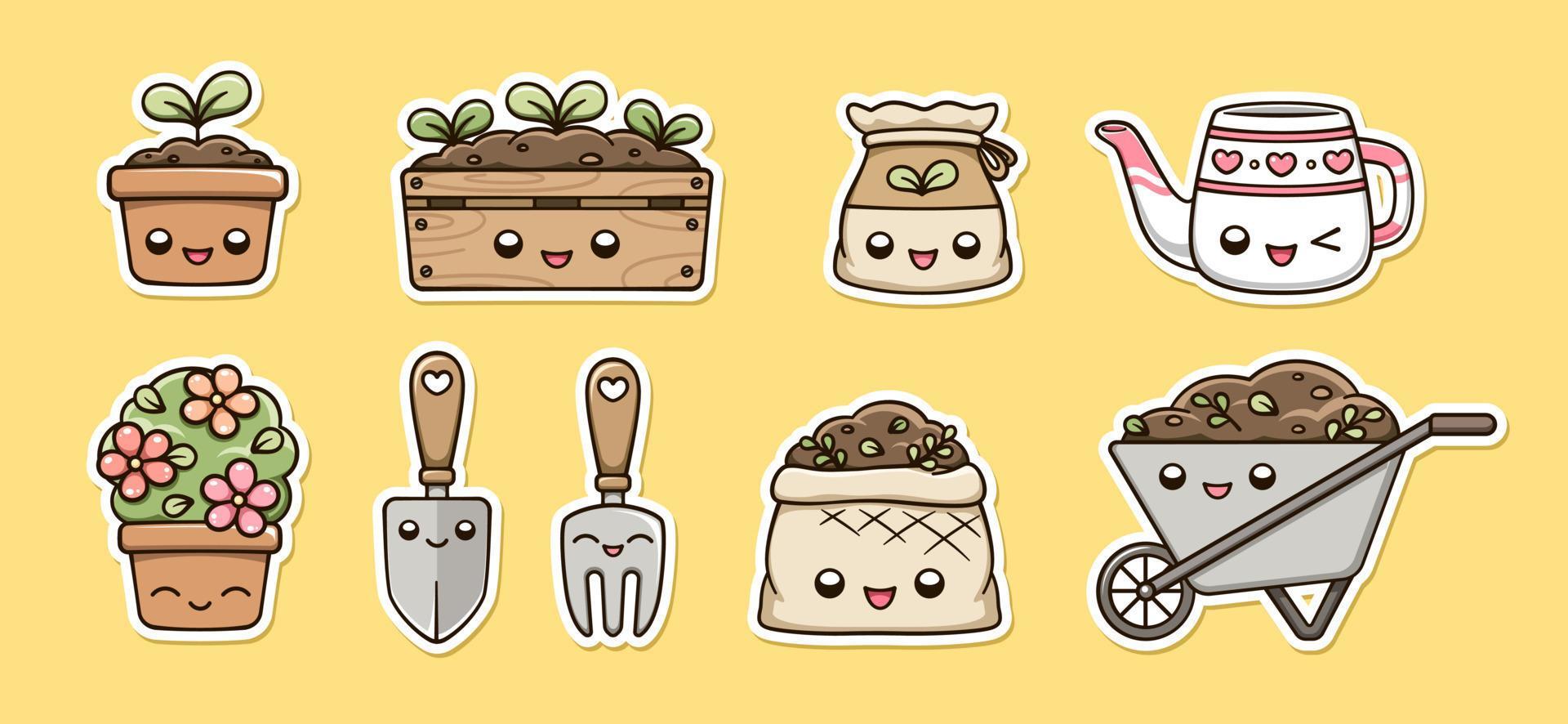Kawaii Gardening clipart set. Happy potted plants, garden items and ...