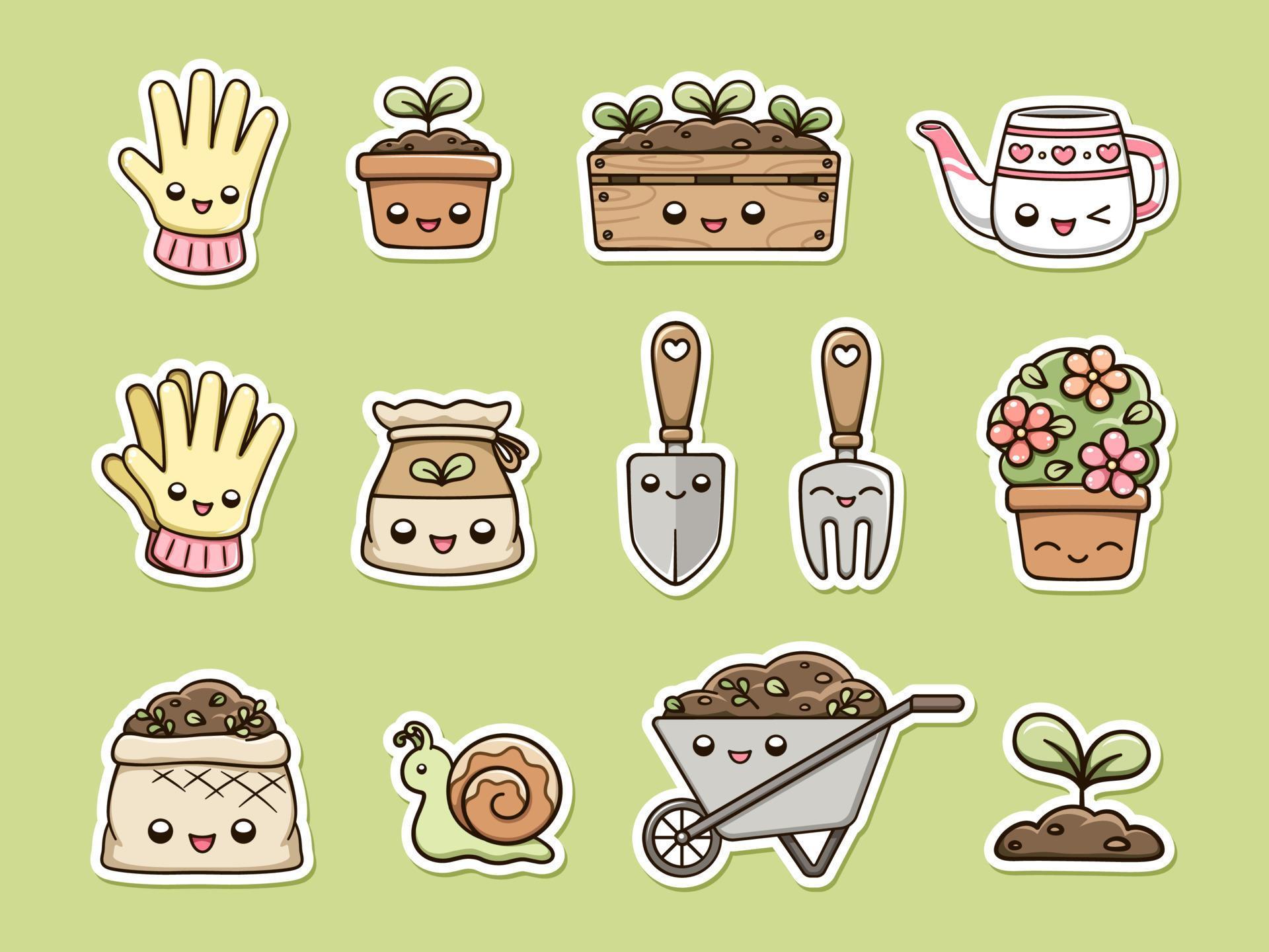 Kawaii gardening clipart set. Happy potted plants, garden items and ...