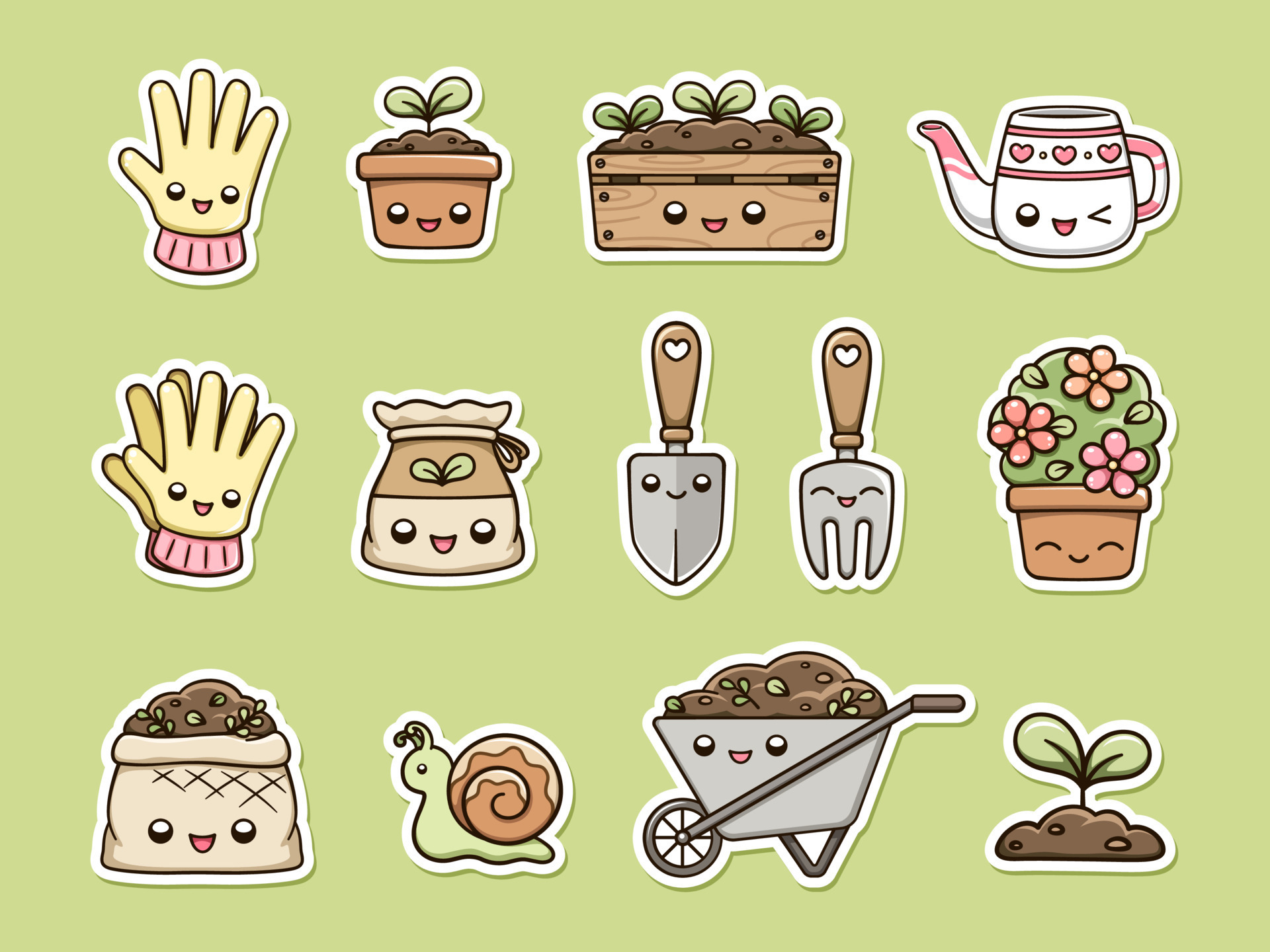 Kawaii Gardening Clipart Set Happy Potted Plants Garden Items And