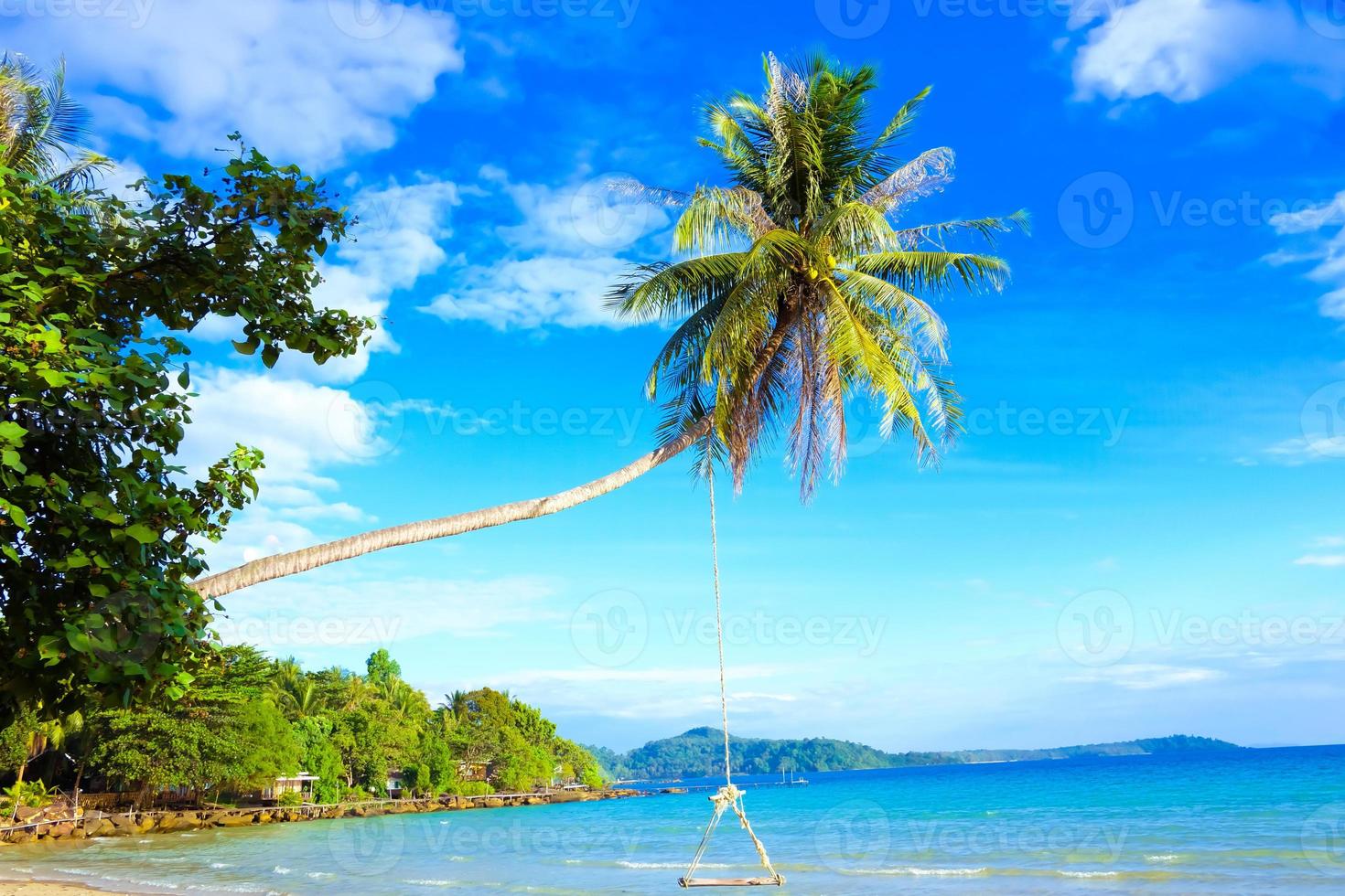 Tropical beach background as summer landscape with Wood swing palm tree ...