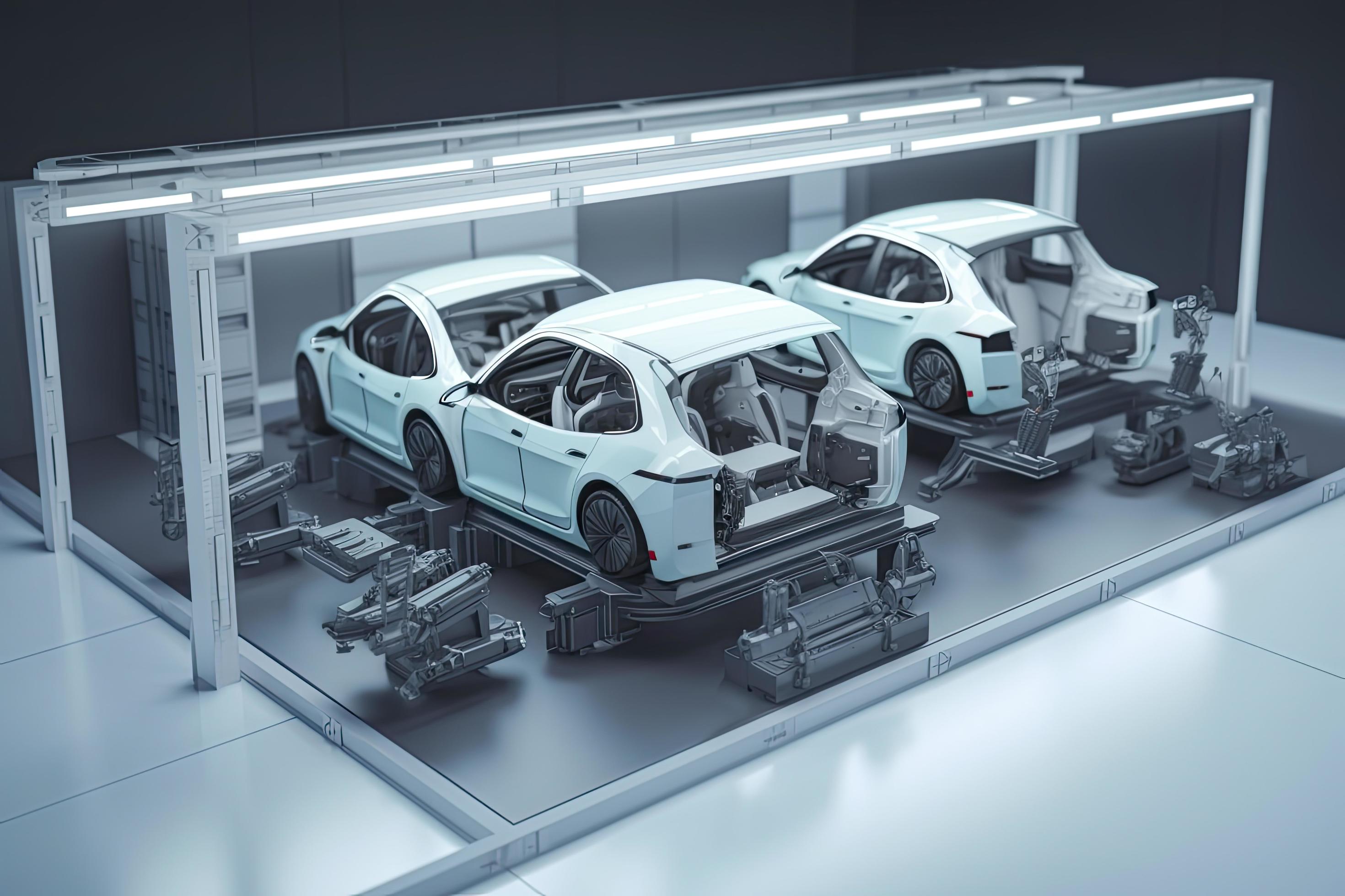 Automation Automobile Factory Concept With 3d Rendering Robot Assembly Line With Electric Car