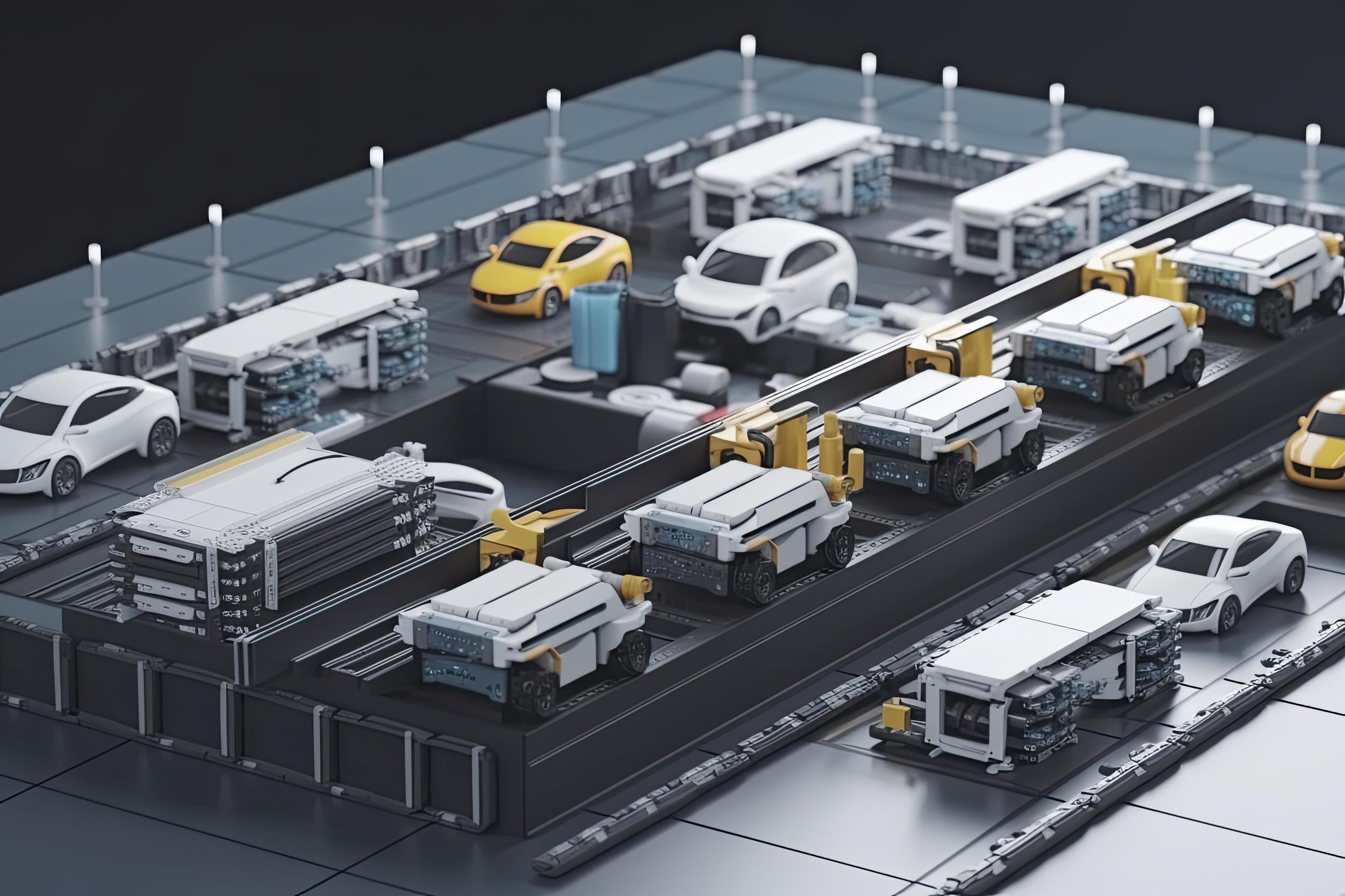 Automation Automobile Factory Concept With 3d Rendering Robot Assembly Line With Electric Car