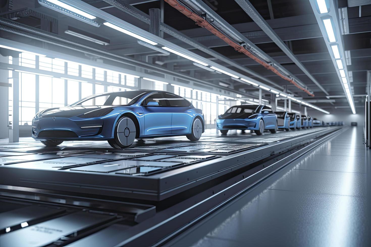 Automation Automobile Factory Concept With 3d Rendering Robot Assembly Line With Electric Car