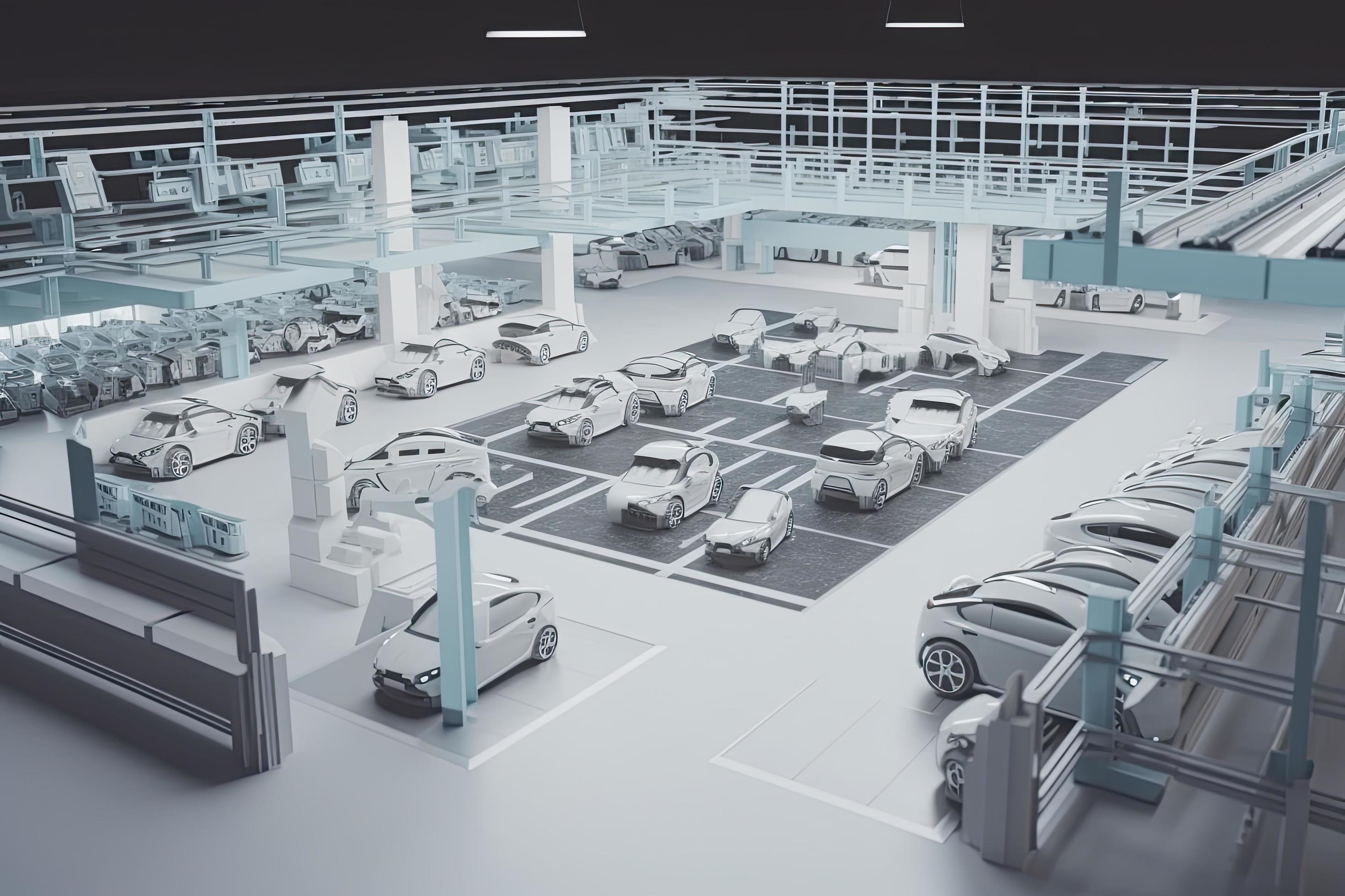 Automation Automobile Factory Concept With 3d Rendering Robot Assembly Line With Electric Car