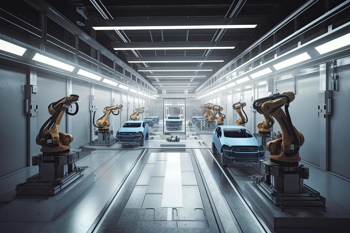 Automation Automobile Factory Concept With 3d Rendering Robot Assembly