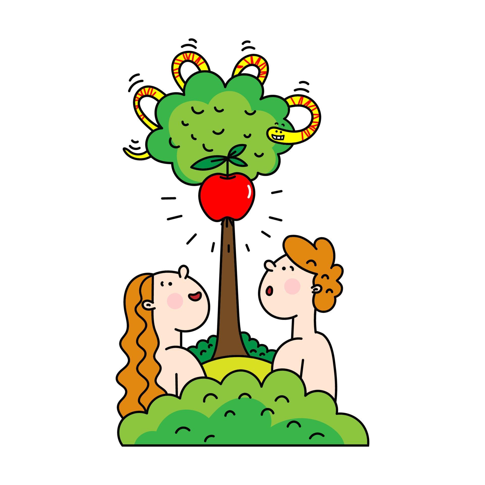 Colored vector illustration of Adam and Eve in the Garden of Eden by the apple of temptation on ...