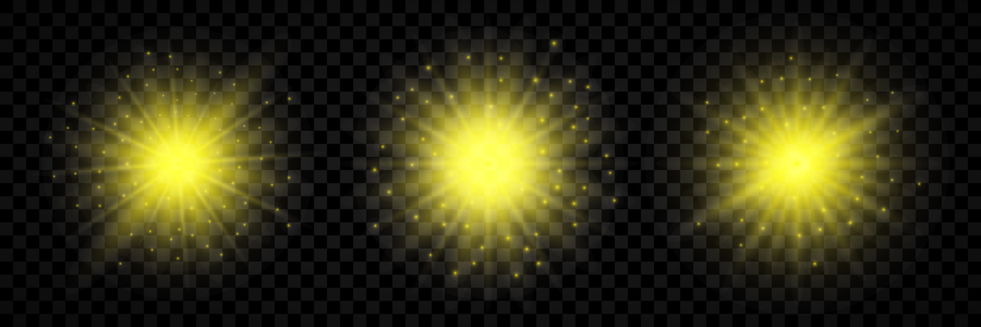 Light effect of lens flares. Set of three yellow glowing lights starburst effects with sparkles ...