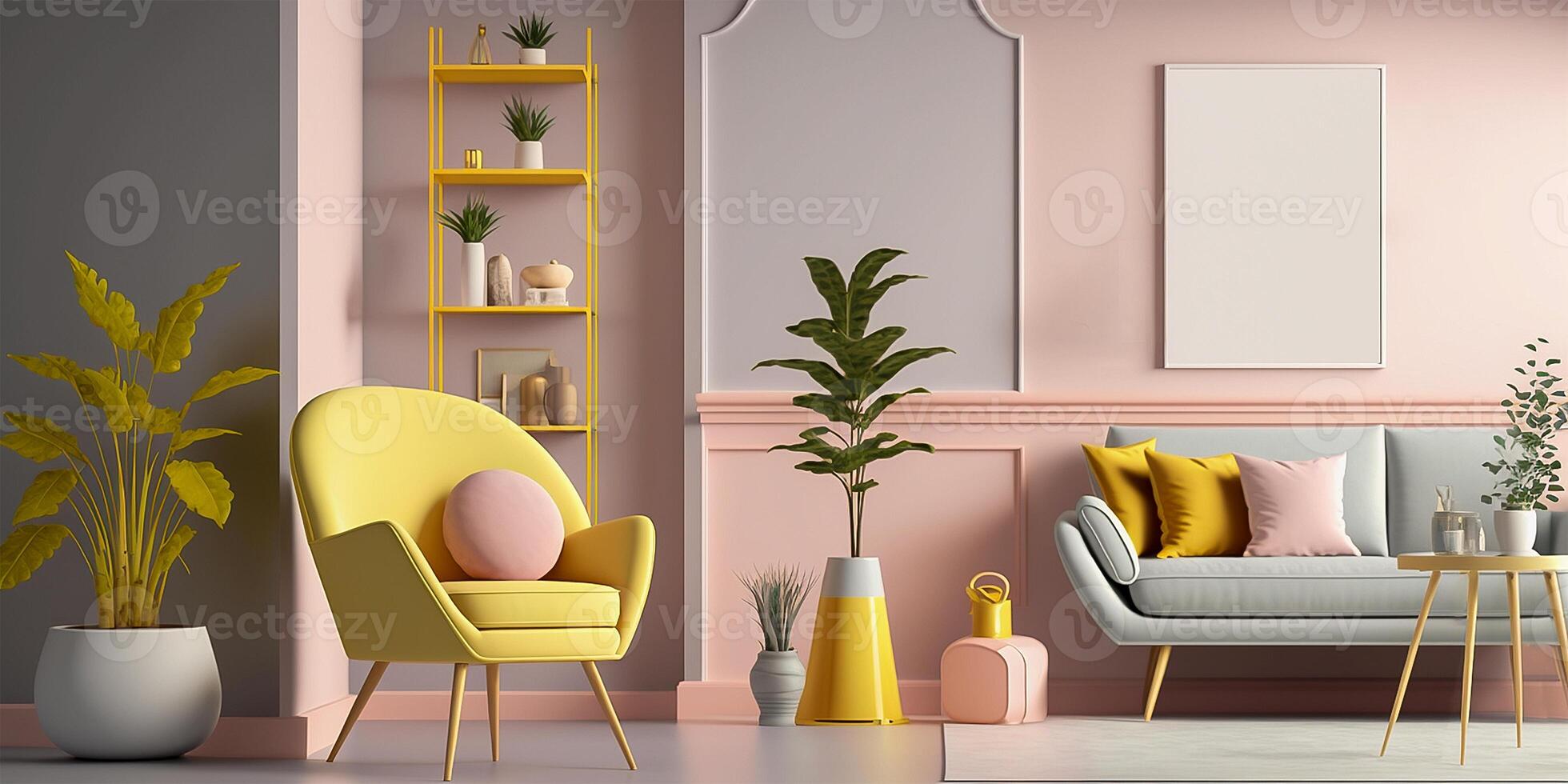 Modern wooden living room armchair on empty pastel colored wall ...