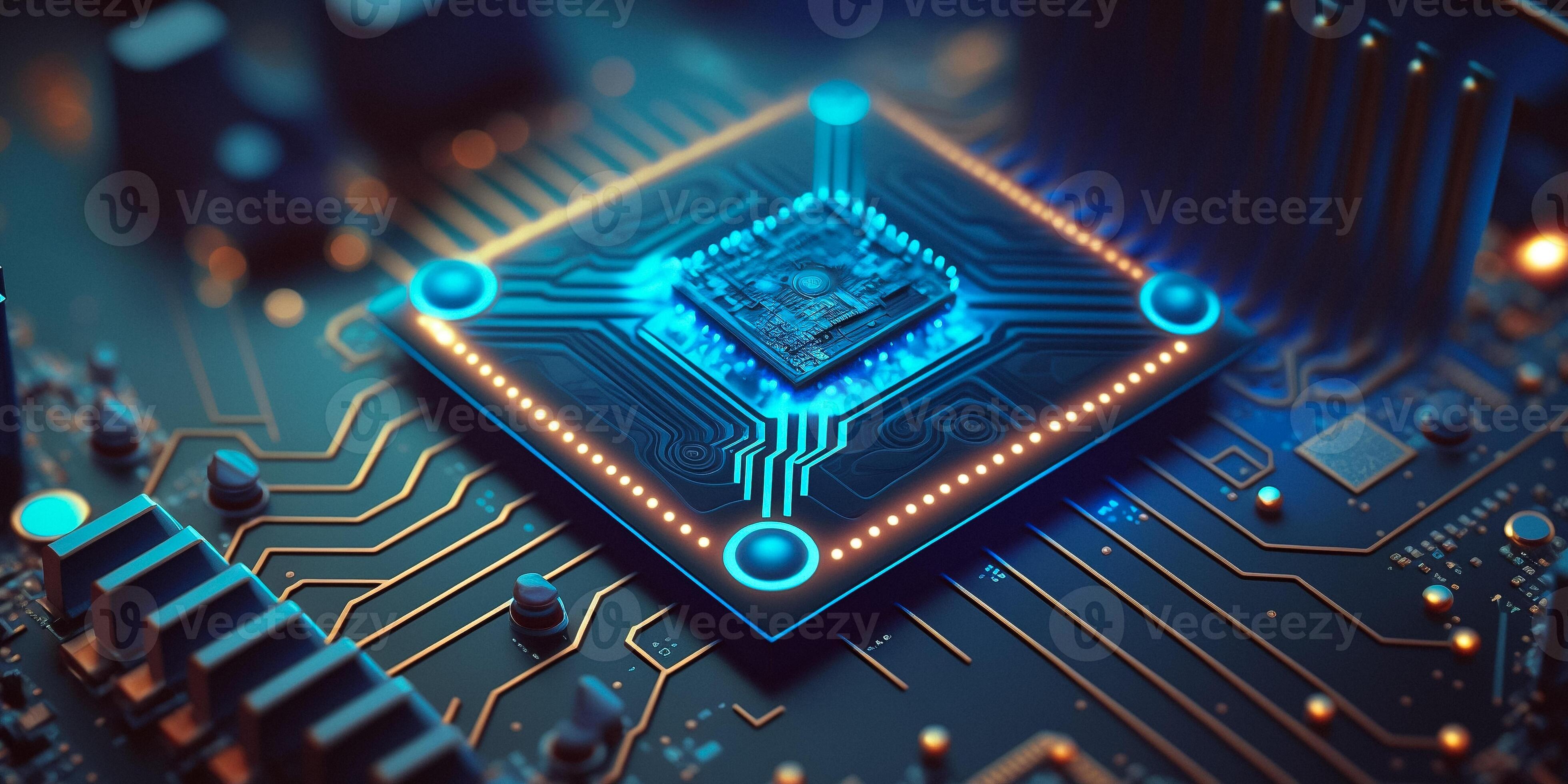 Futuristic Electronic Microchip Circuit Board Close Up Concept Illustration Illustration