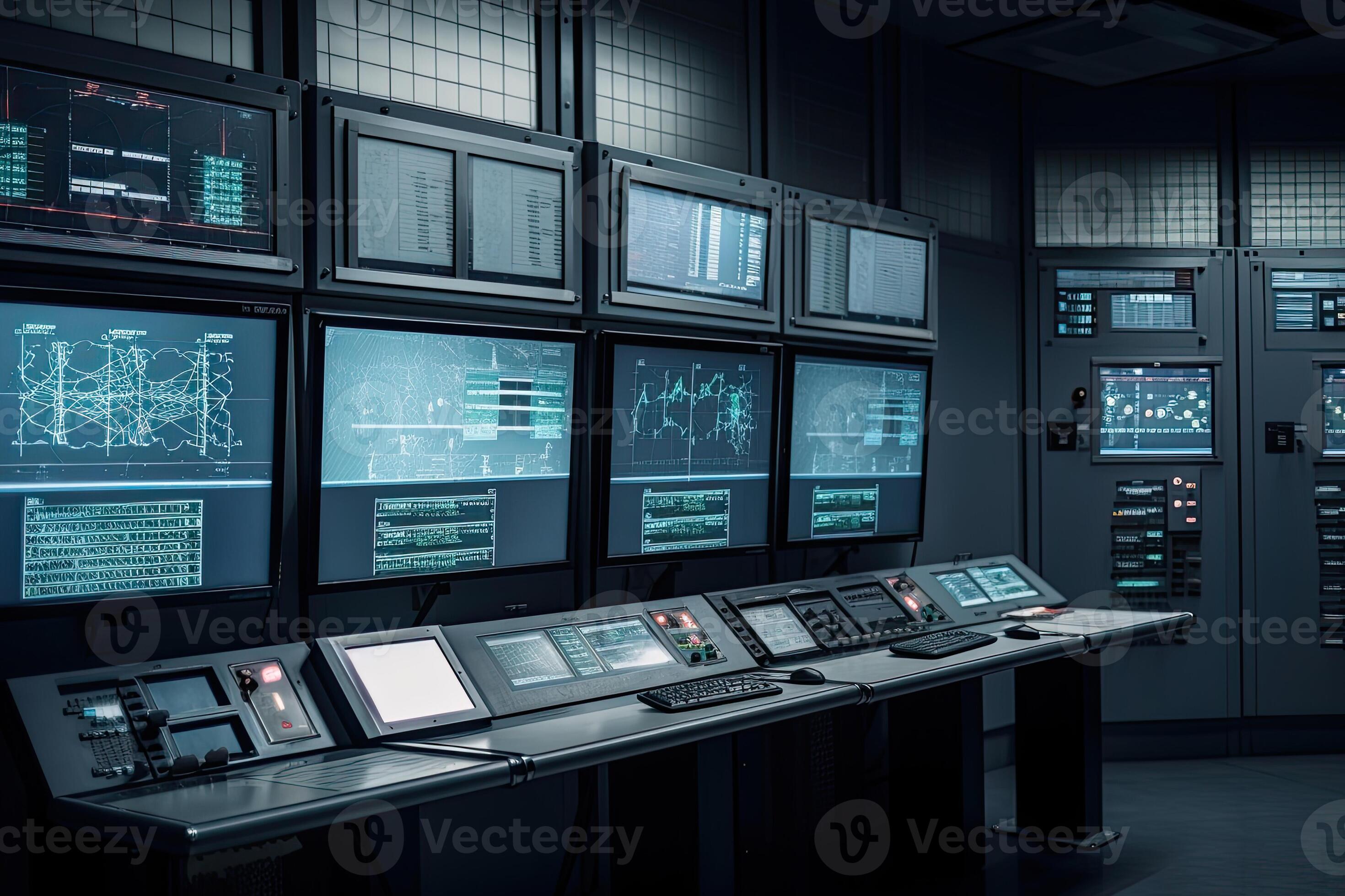 Central control panel. Operator workplace with a lot of screens and ...