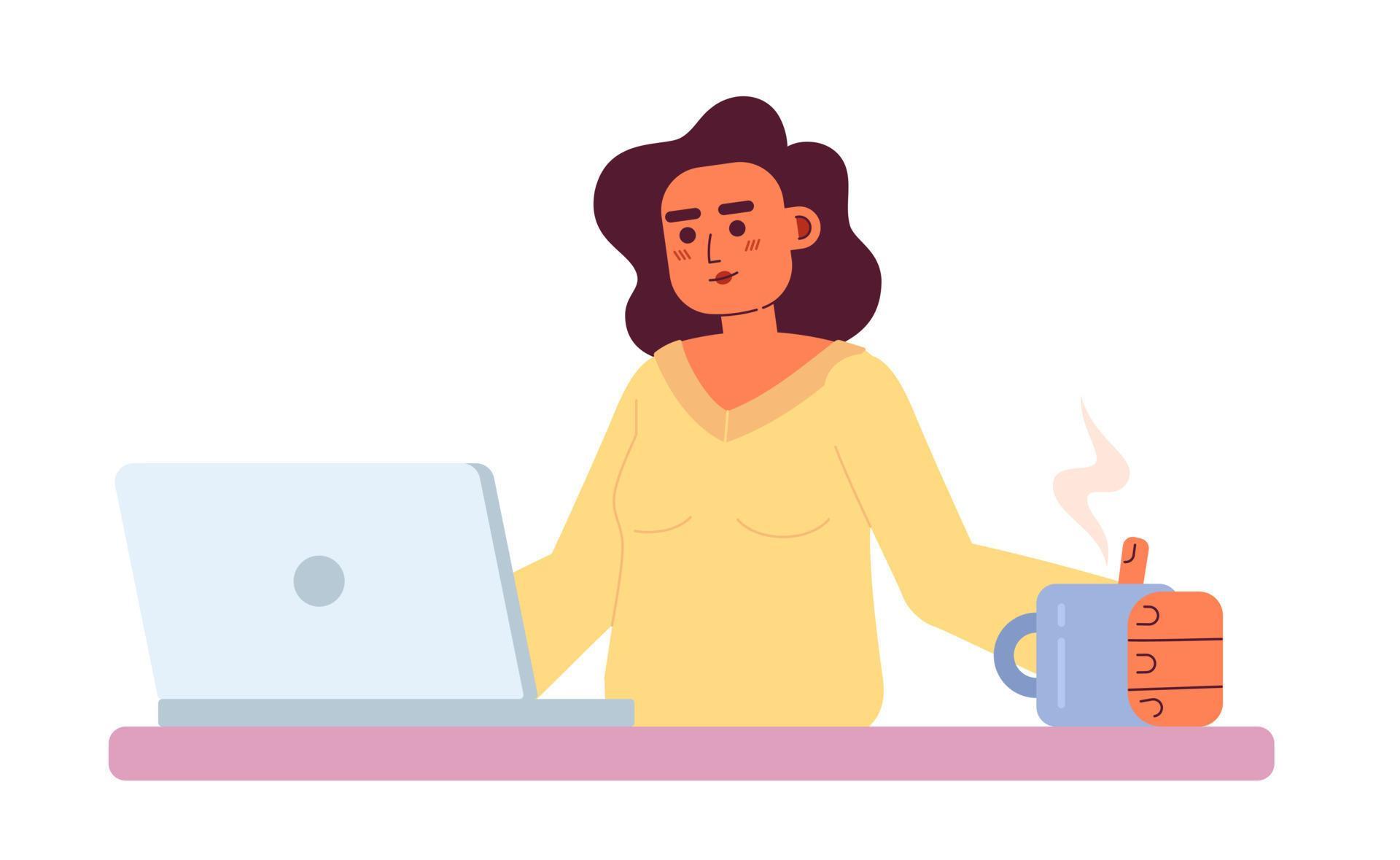 Female freelance programmer with laptop and cup semi flat color vector ...